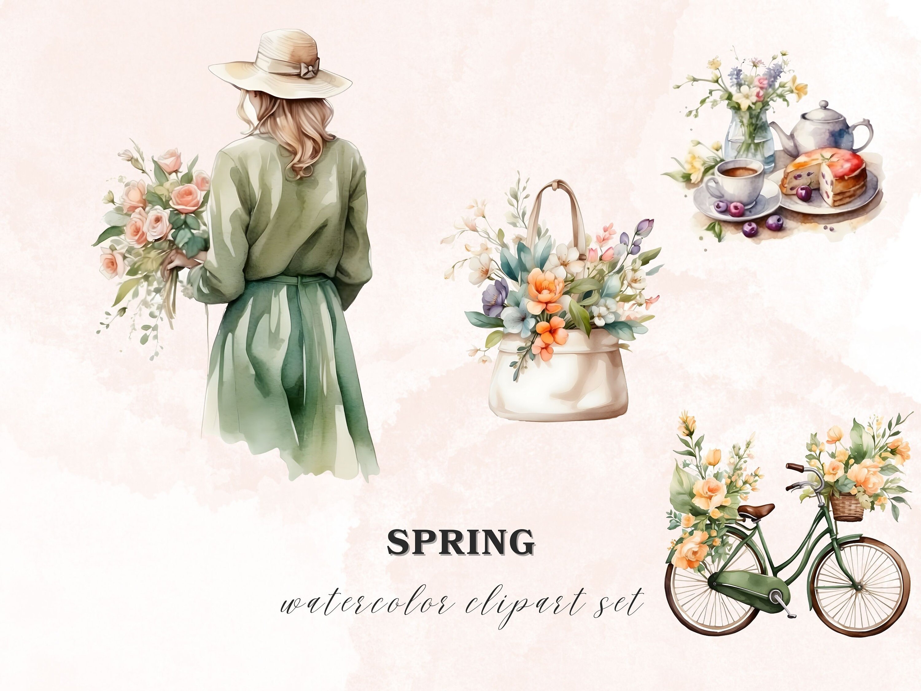 Watercolor Spring Clipart, Cozy Spring Collection Clipart Bundle ...
