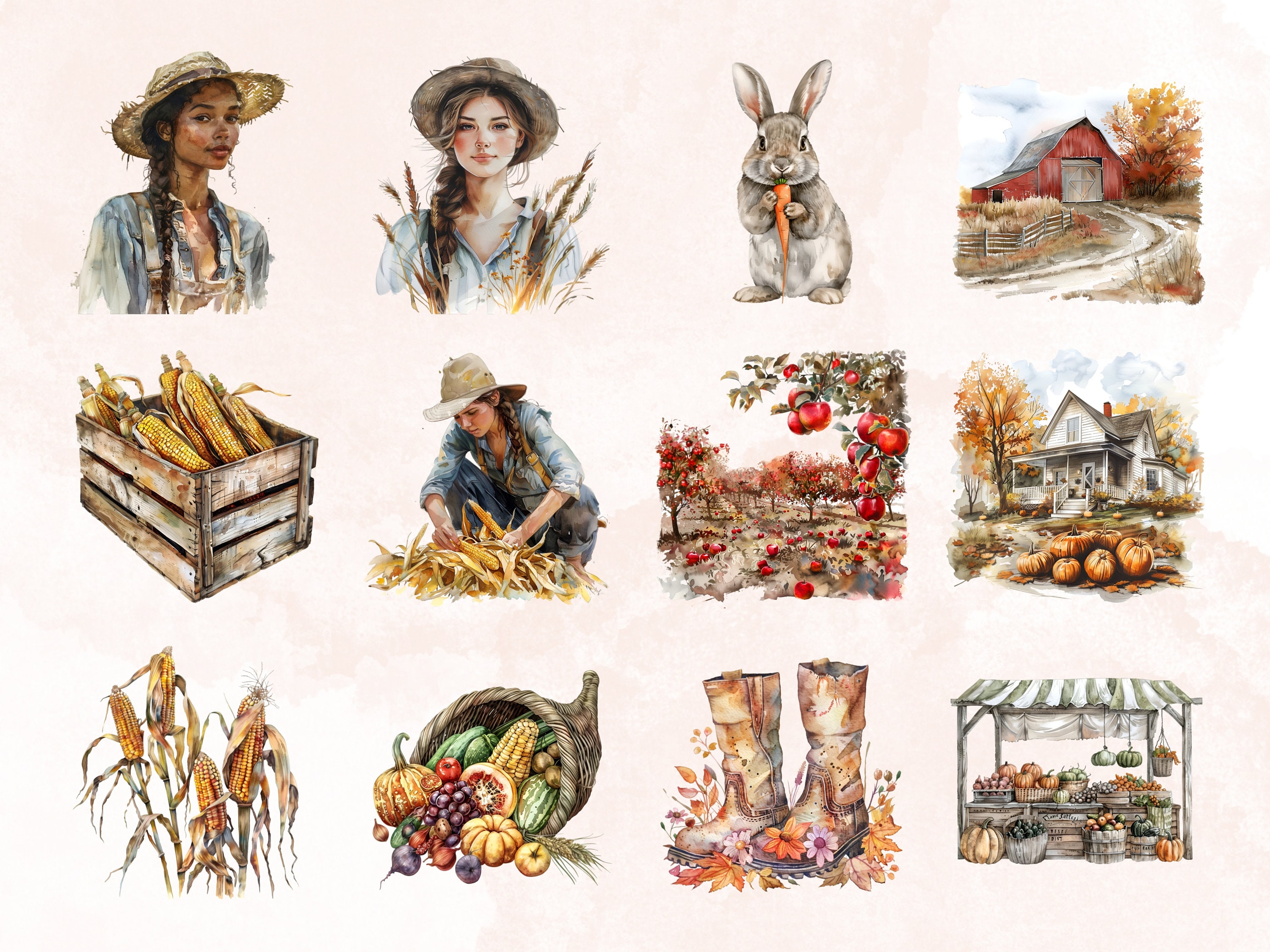 Watercolor Autumn Clipart, Harvest Time Png Bundle, Cozy Autumn, Fall ...