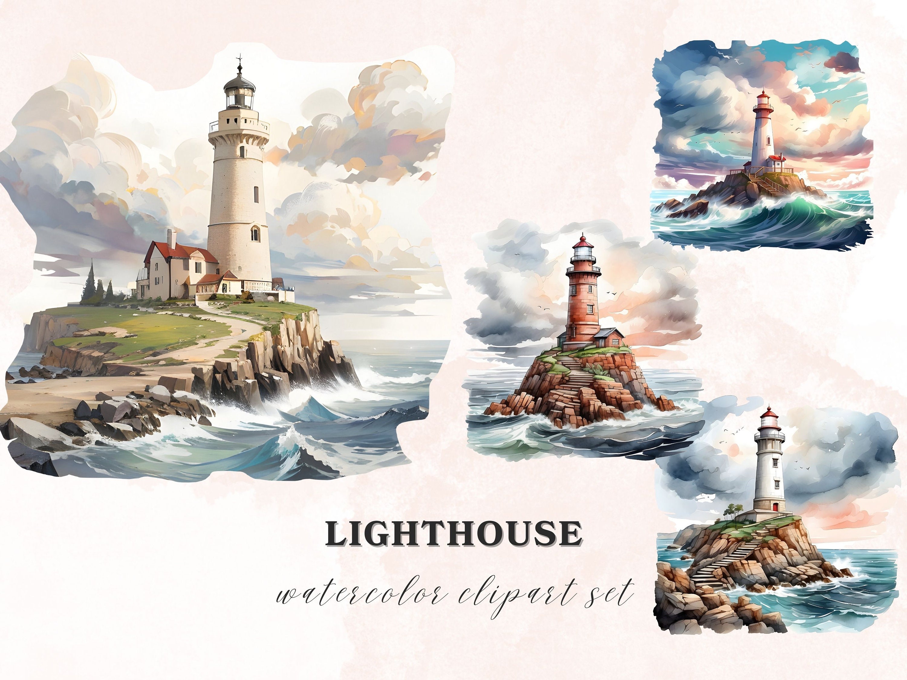 Lighthouse Clipart, Watercolor Lighthouses Clipart Bundle, 12 High ...