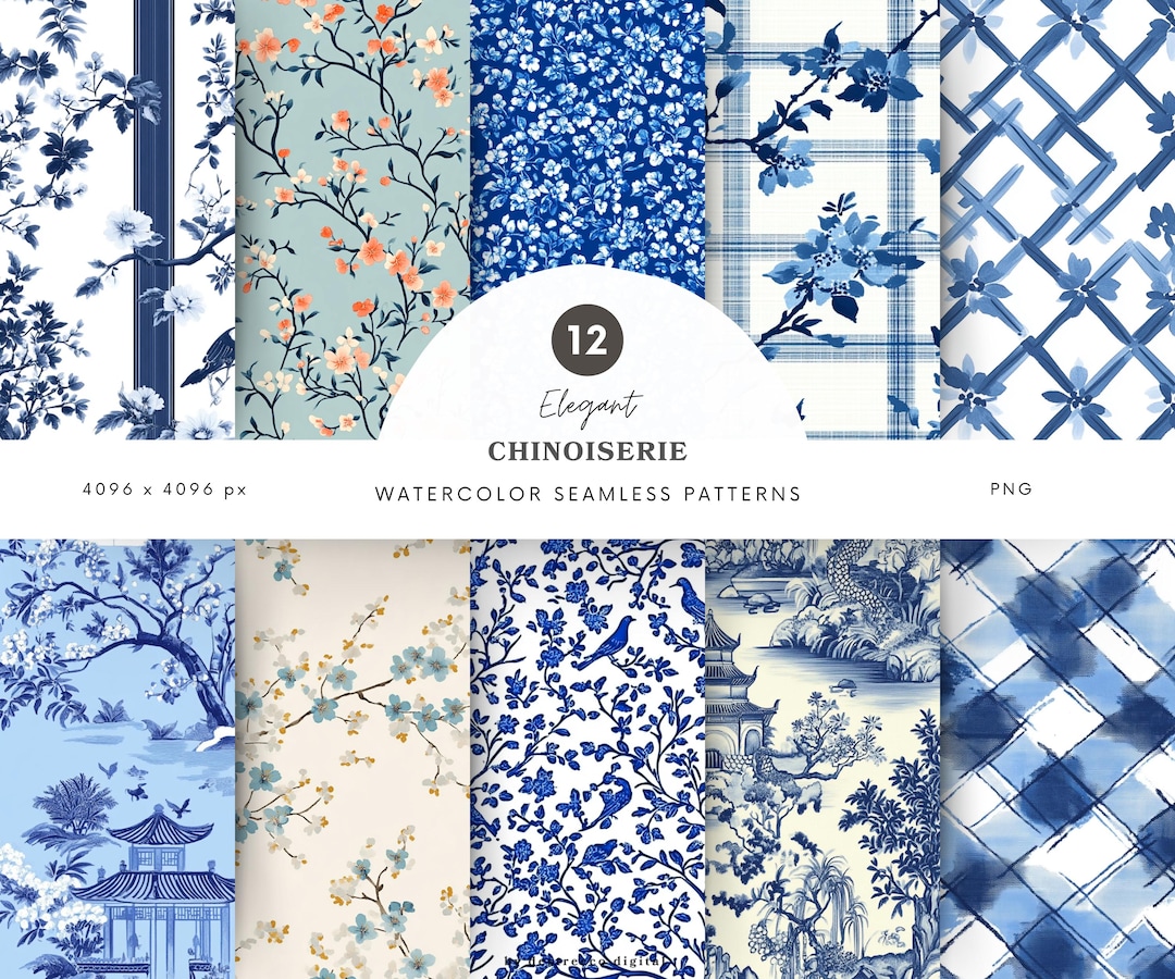 Blue Chinoiserie Seamless Patterns, Elegant Floral Digital Paper ...