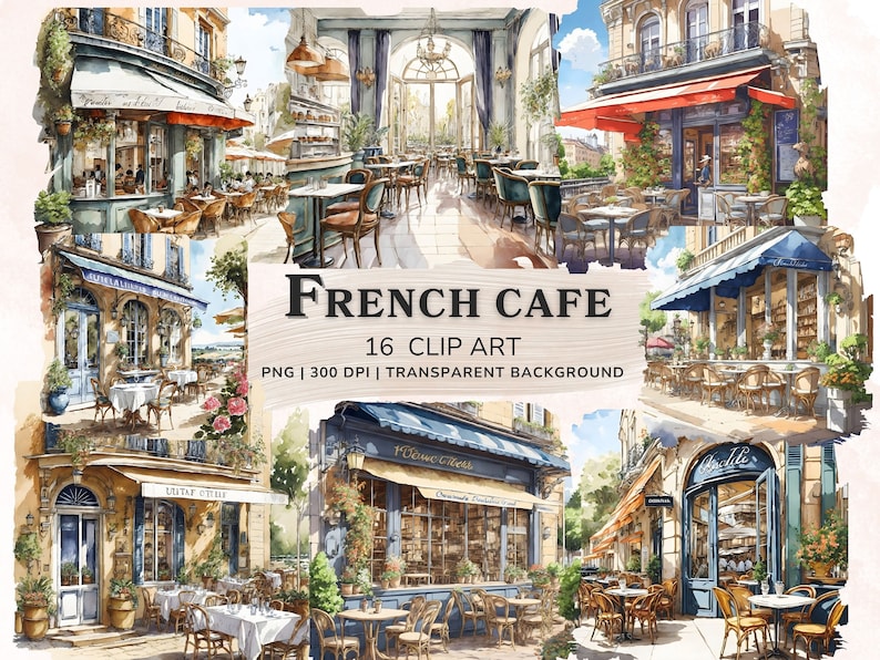 French Cafe Clipart, Watercolor Vintage Interior Cafe Clipart Bundle ...