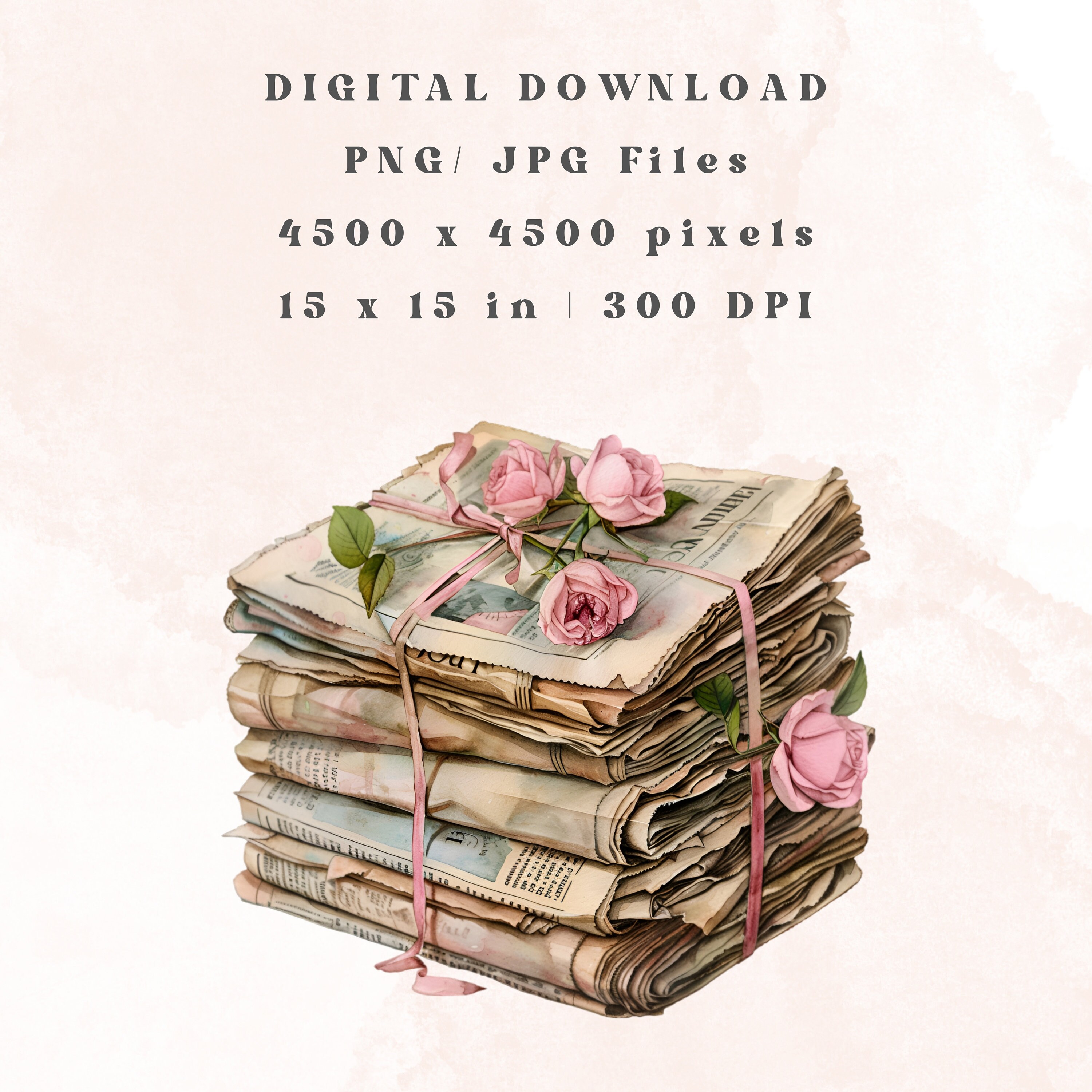 Vintage Newspaper With Pink Roses Clipart, Stacked Newspaper With Pink ...