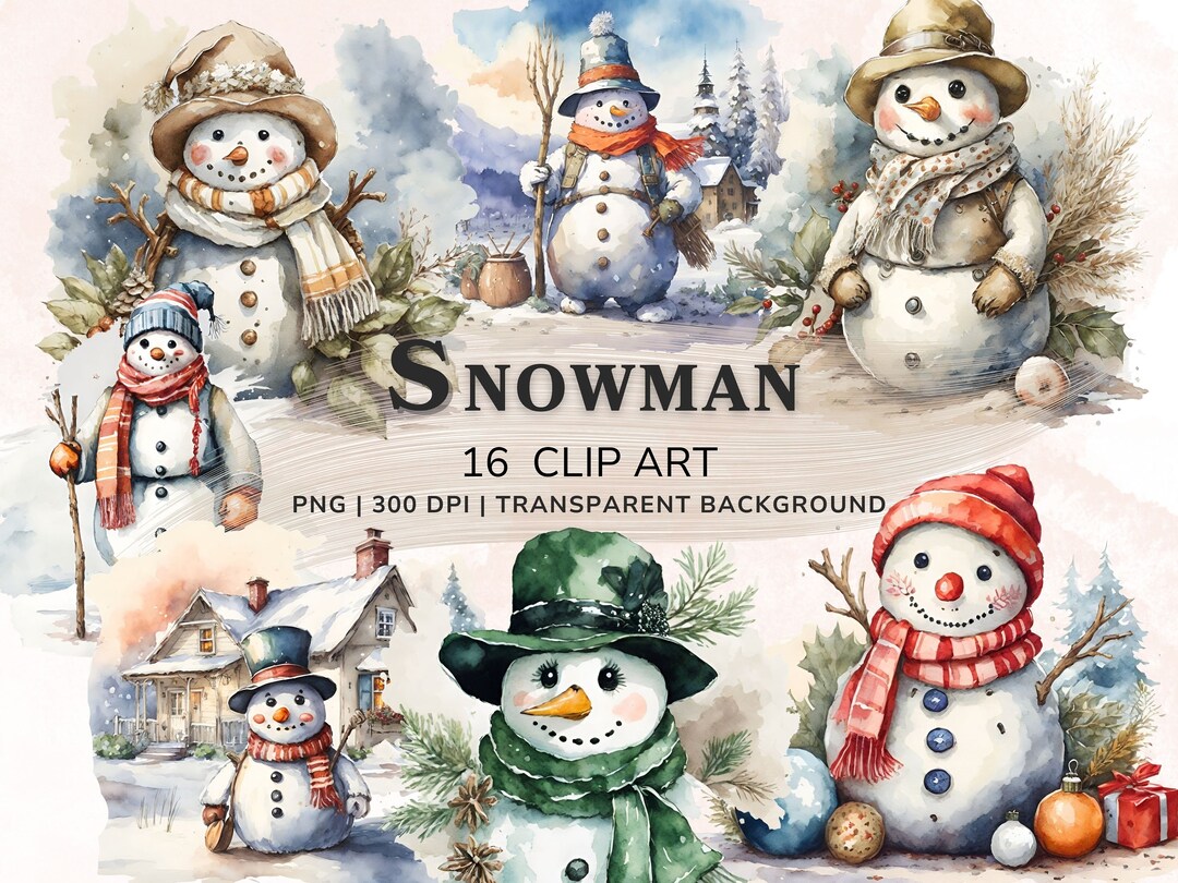 Watercolor Clipart Snowman PNG, 16 Png Winter Holidays, Printable ...