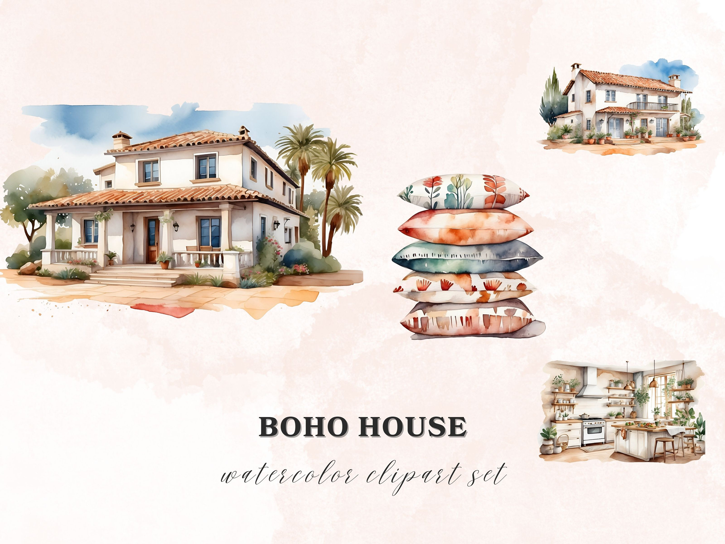 Watercolor Boho House Clipart, Rustic Cozy Boho Decor Clipart Bundle ...