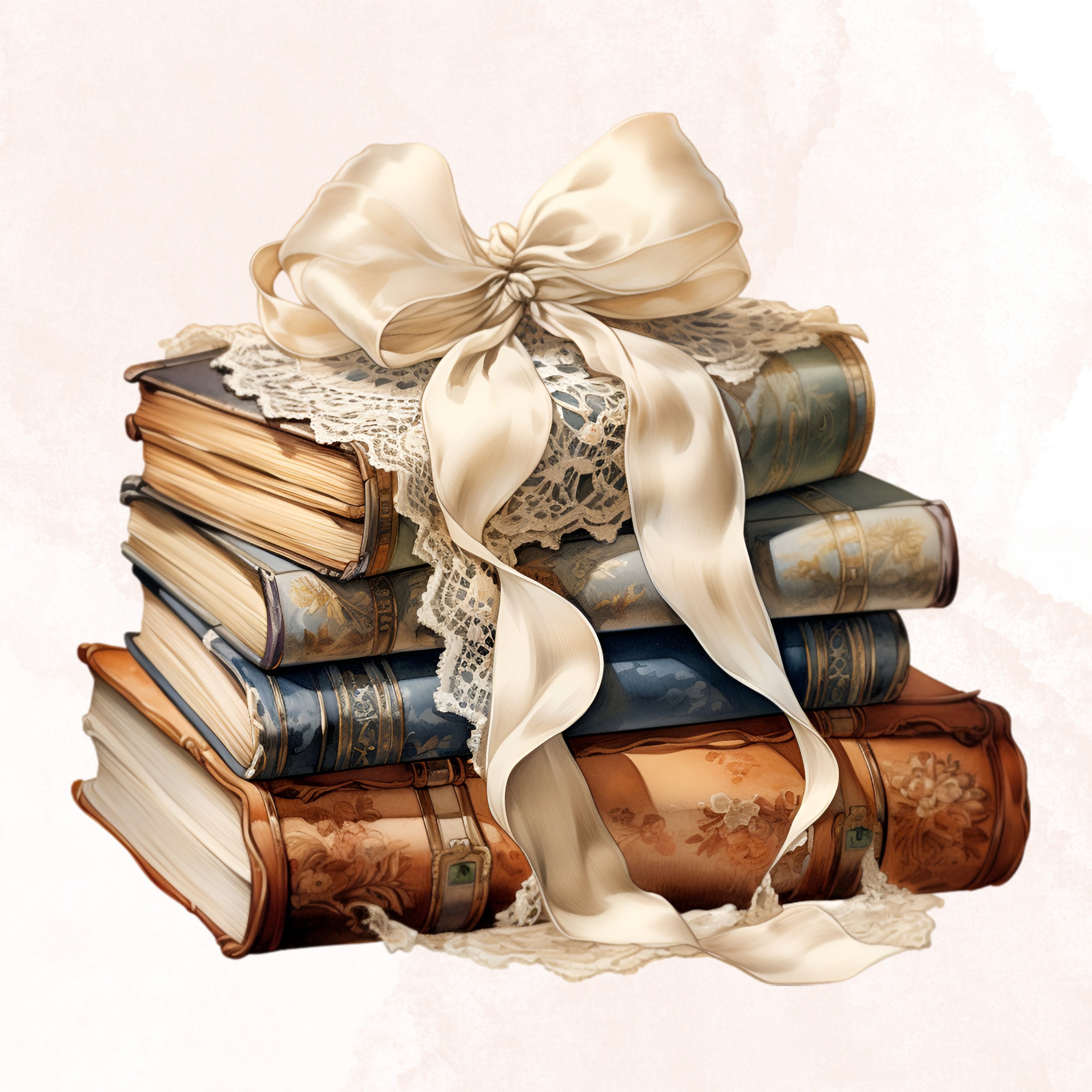 Stacked Books Clipart With Lace, Vintage Books Clipart, Bookworm ...