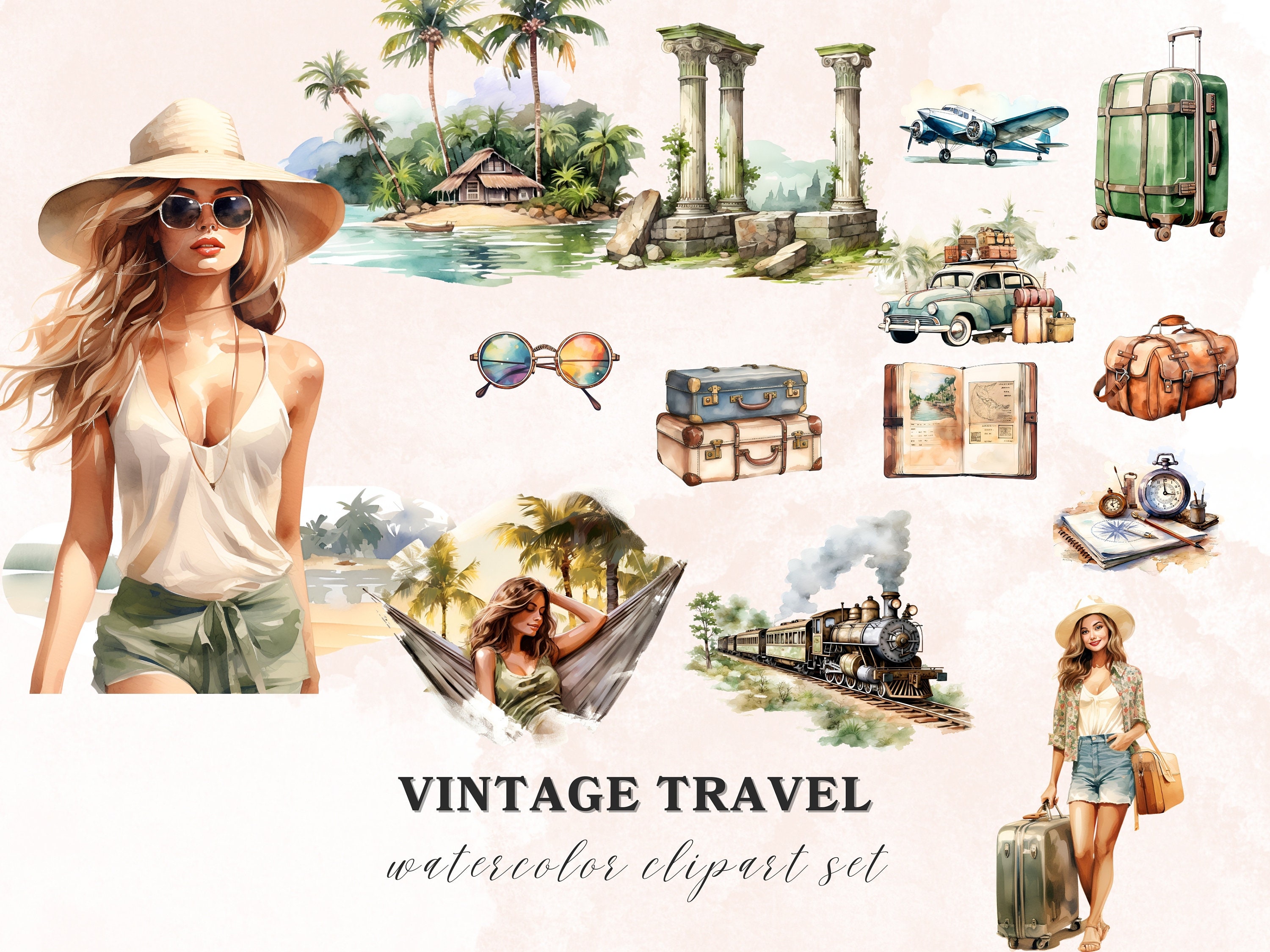 Watercolor Vintage Travel Clipart, Summer Vacation Holiday Graphics ...