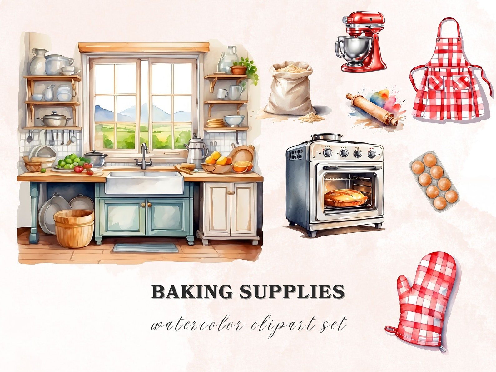 Watercolor Baking Supplies Clipart Bundle, Baker Girl Cooking Png ...