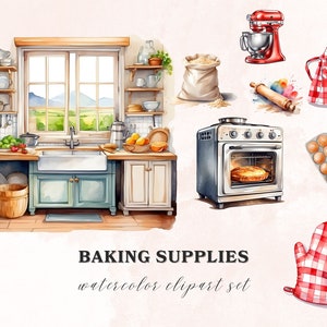 Watercolor Baking Supplies Clipart Bundle, Baker Girl Cooking Png ...
