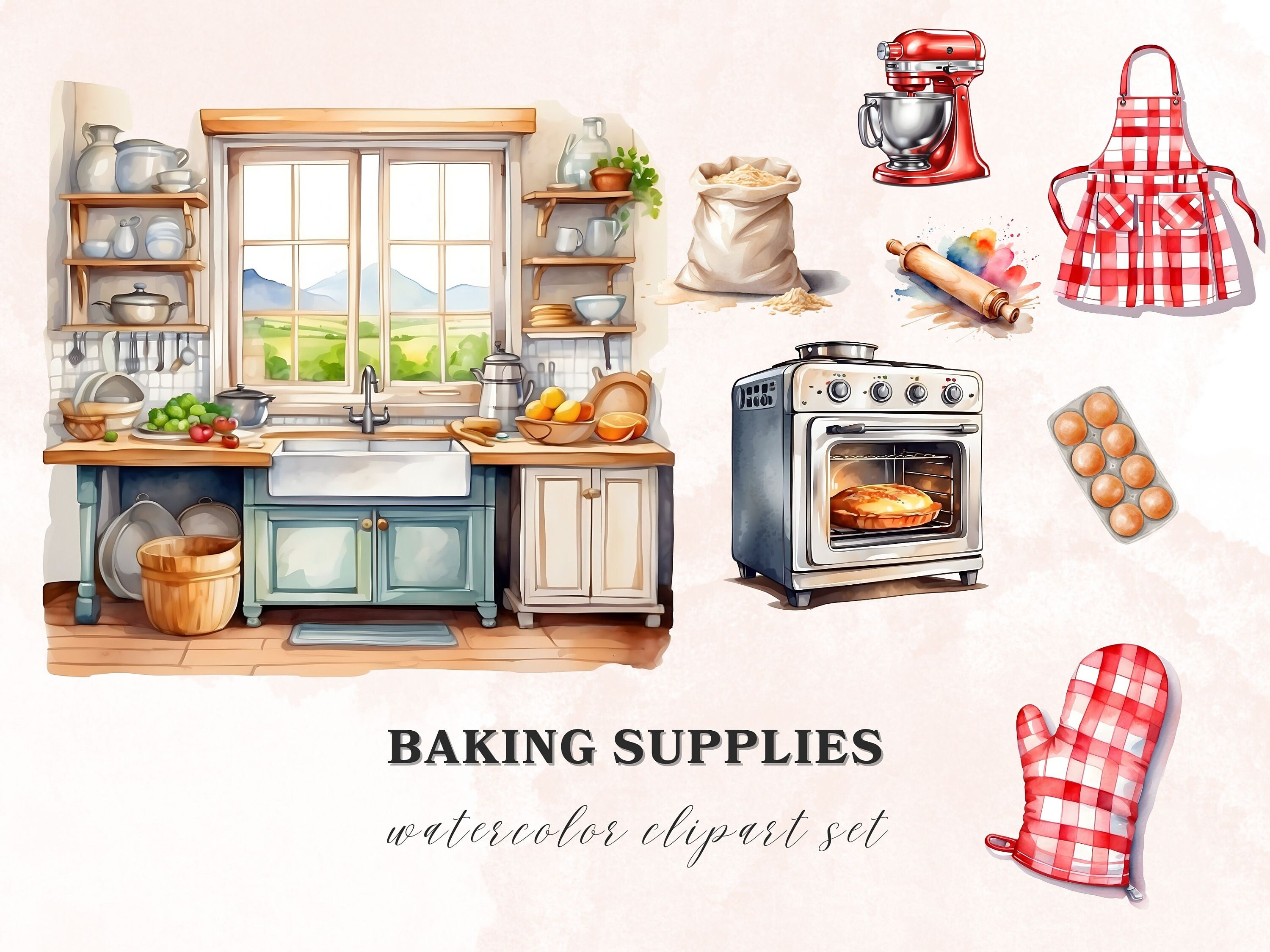 Watercolor Baking Supplies Clipart Bundle, Baker Girl Cooking Png ...