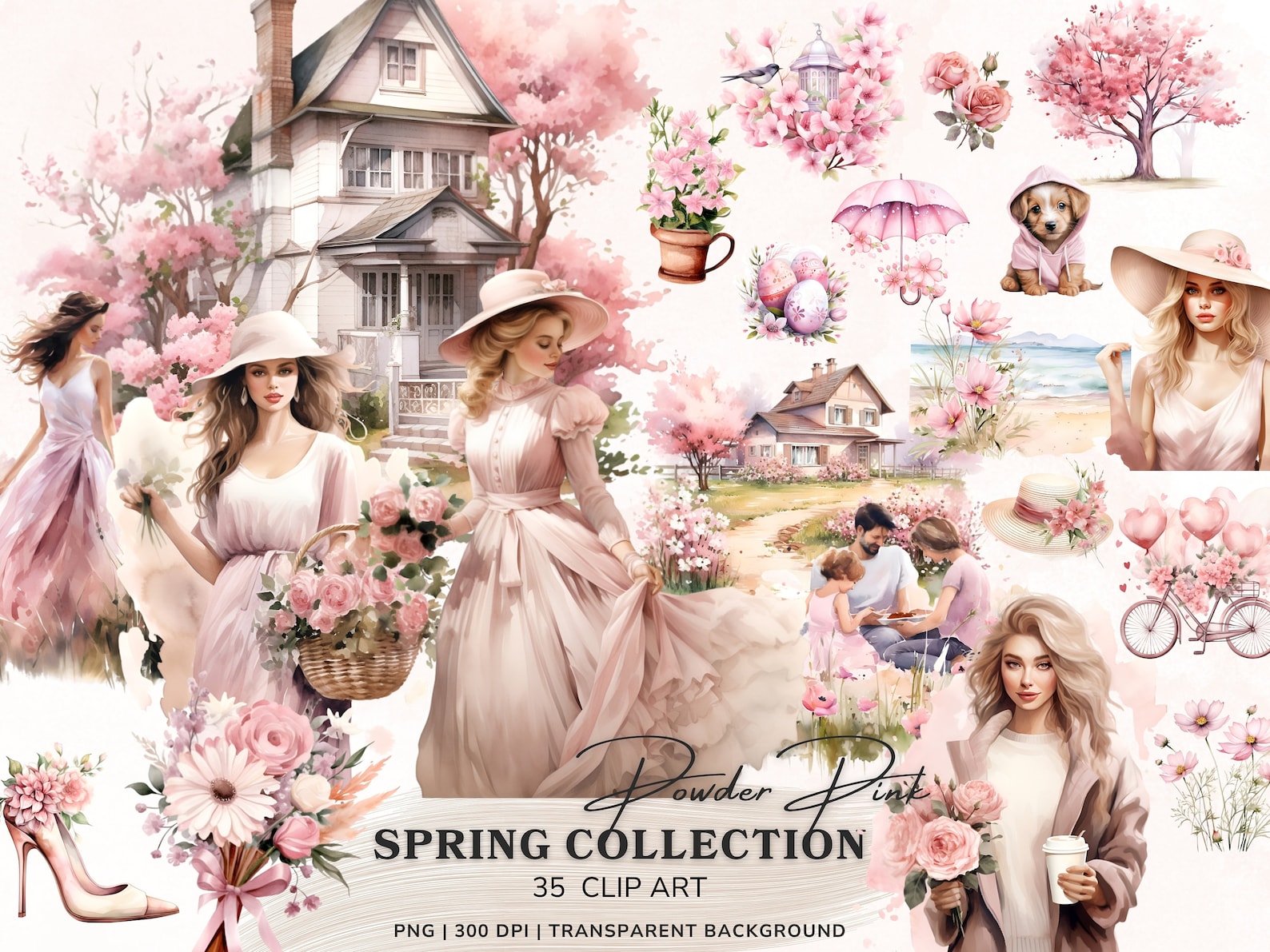 Watercolor Spring Clipart, Pink Spring Gardening Clipart Bundle, Png ...