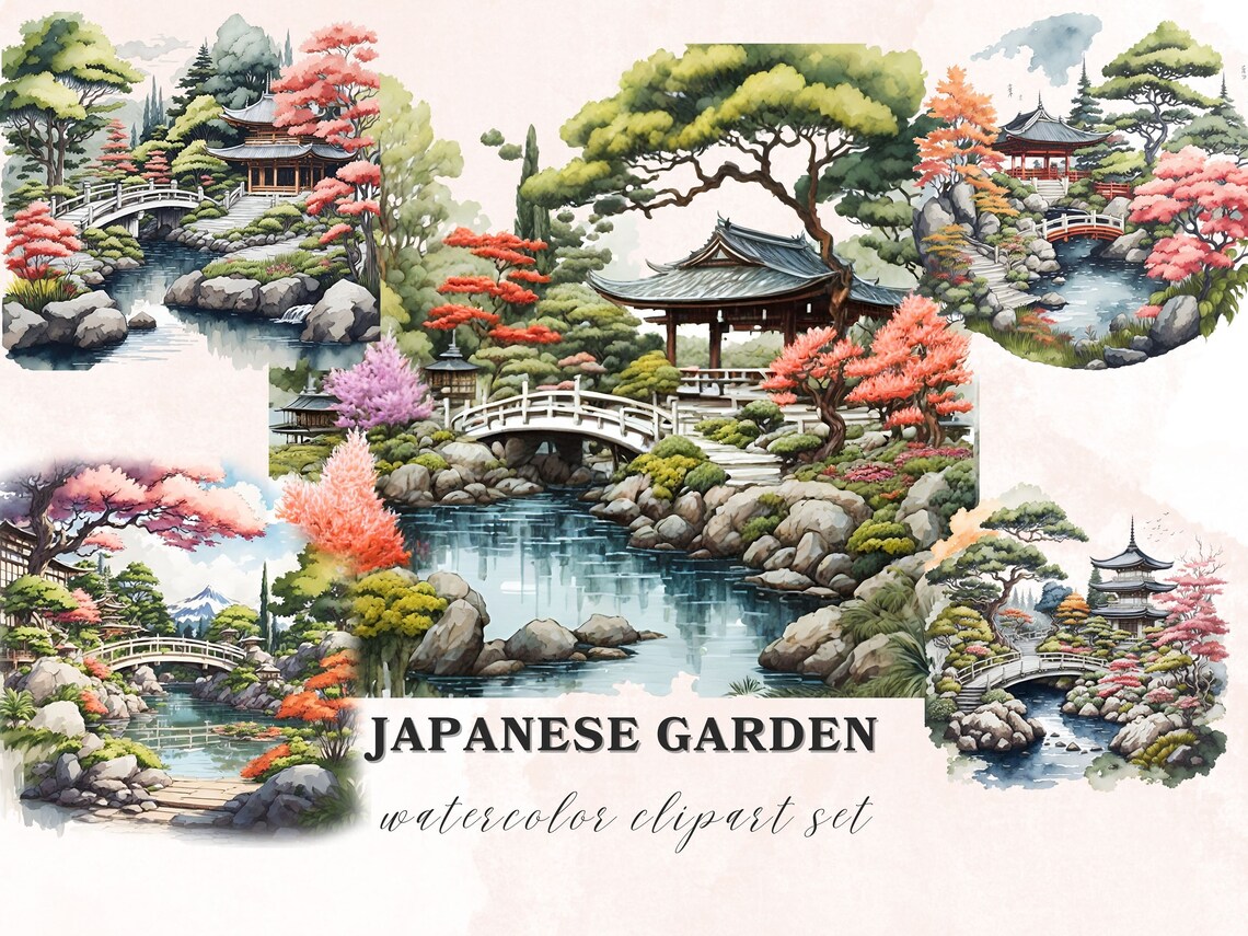 Japan Garden Clipart, Watercolor Clipart Bundle, 16 PNG Asian Landscape ...
