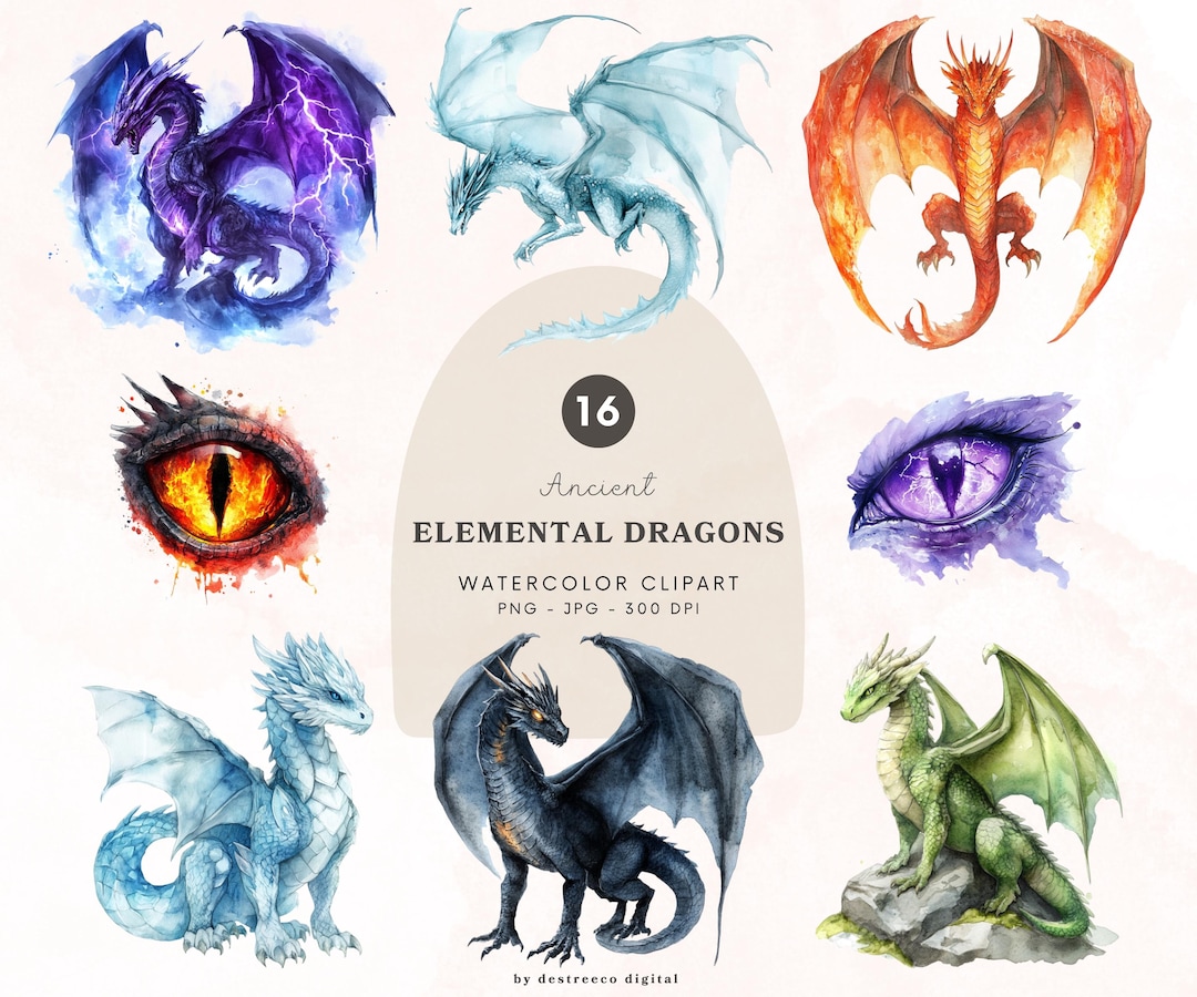 Ancient Elemental Dragons Clipart Bundle, Watercolor Dragon Eyes Png ...