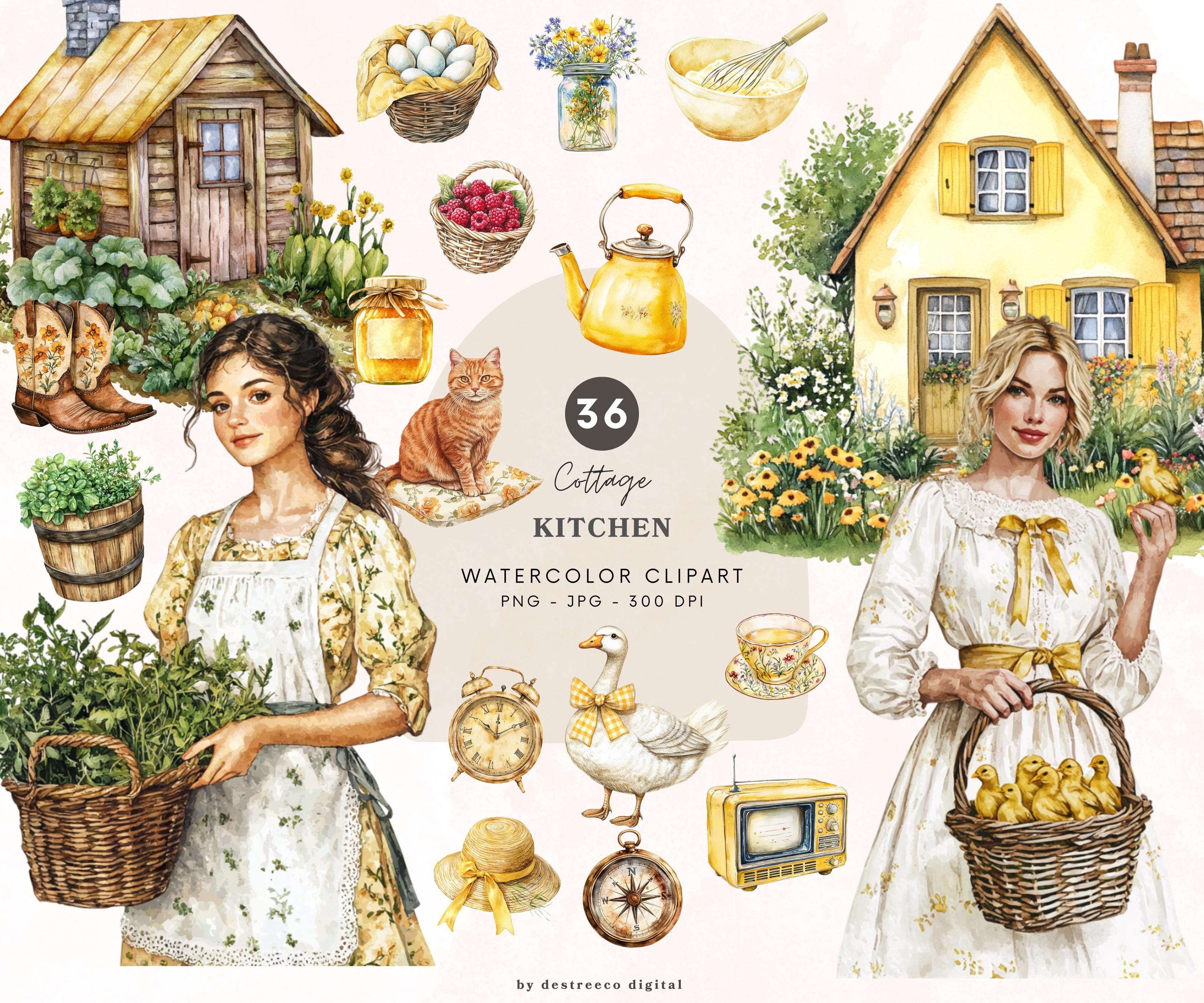 Watercolor Cottage Kitchen Clipart, Cottagecore Clipart, Rustic Clipart ...