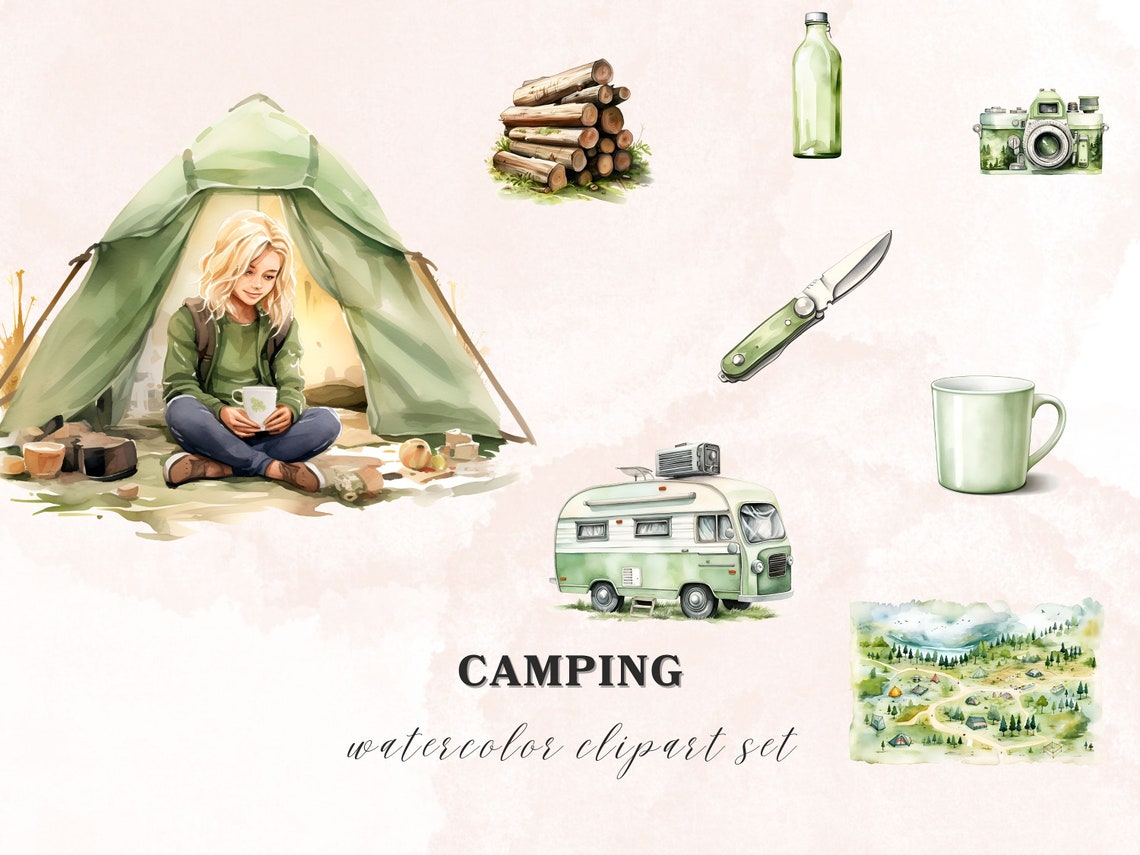 Watercolor Camping Clipart Bundle, Campfire Png Camping, Tent, Lantern ...