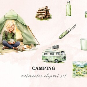 Watercolor Camping Clipart Bundle, Campfire Png Camping, Tent, Lantern ...