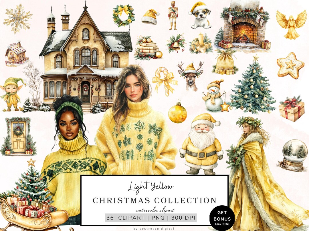 Christmas Clipart Bundle, Yellow Edition, Santa Claus Png, Cozy Winter ...