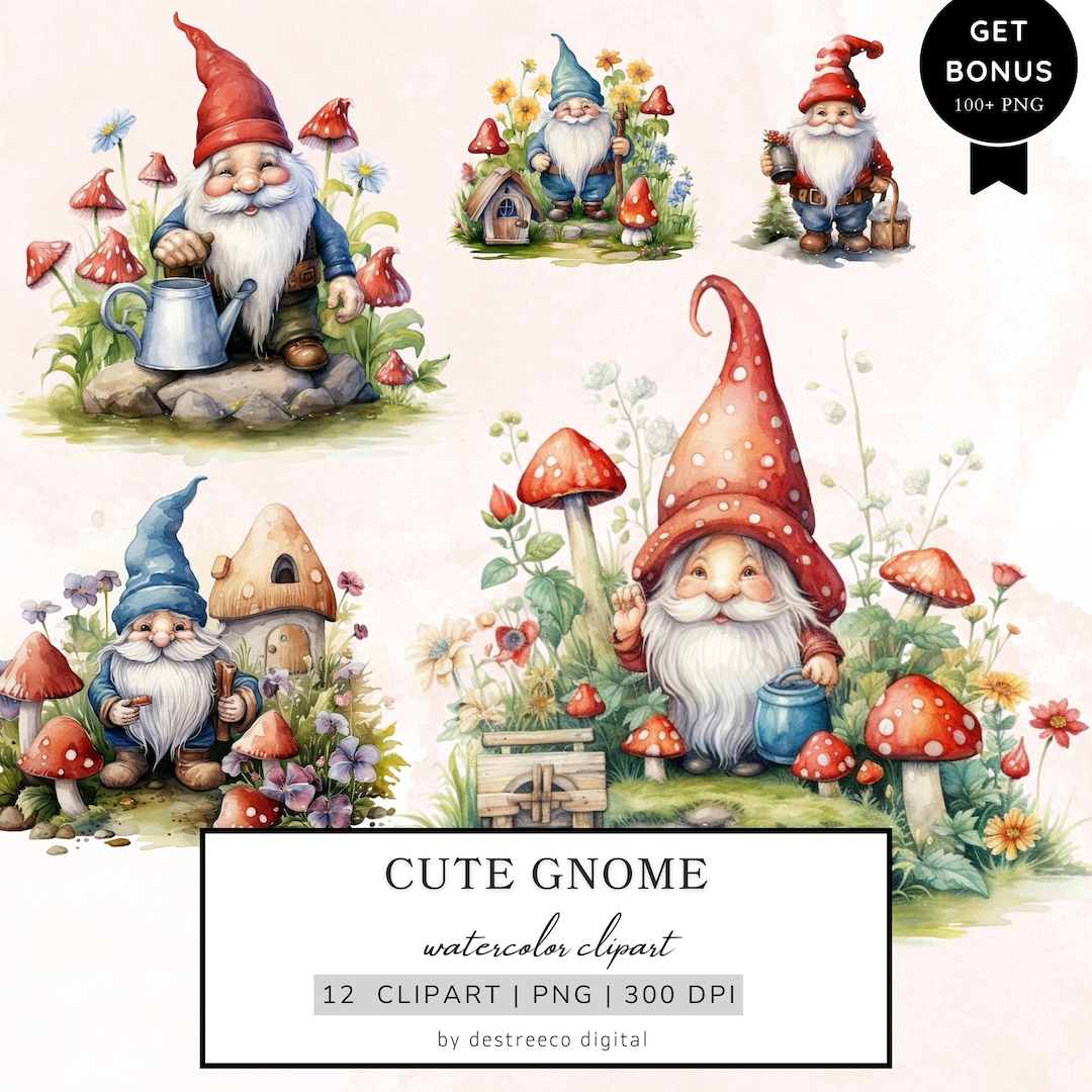 Watercolor Gnome Clipart, Spring Gnome Png, Cute Gnome Bundle, Garden ...