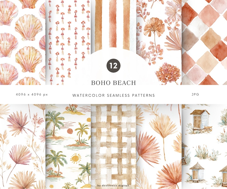 Padrões contínuos em aquarela, papel digital de verão, pacote Boho ...