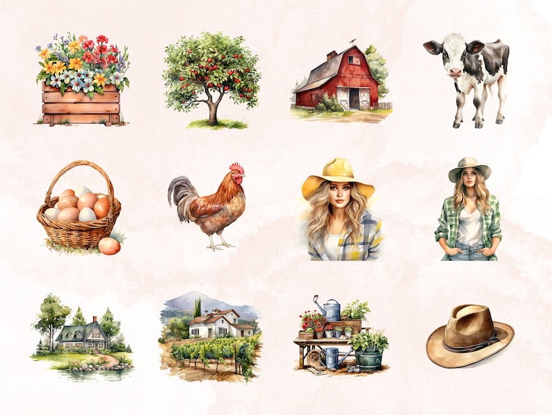 Watercolor Farm Clipart, Farm Animals Png, Farmhouse Clipart, Farm ...