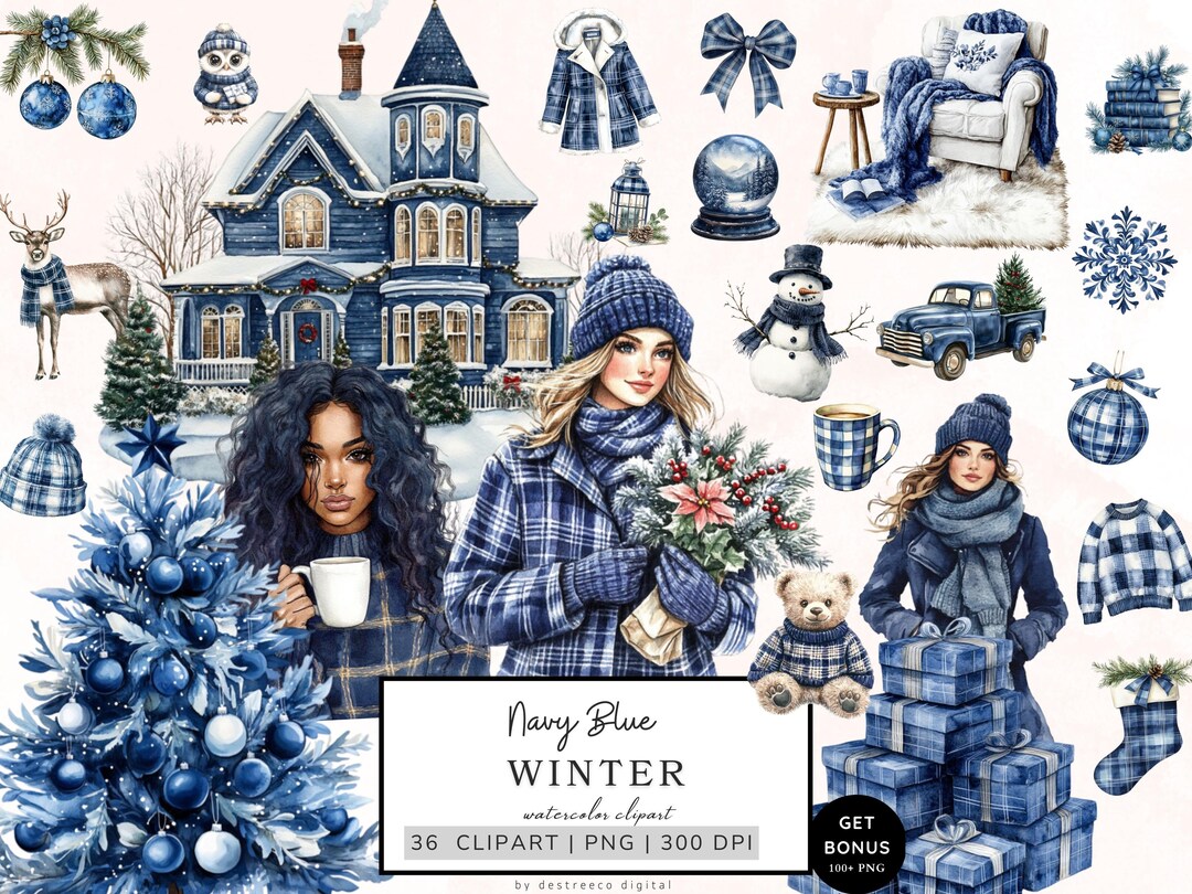 Winter Clipart Bundle, Cozy Christmas Clipart, Winter Clipart, Navy ...
