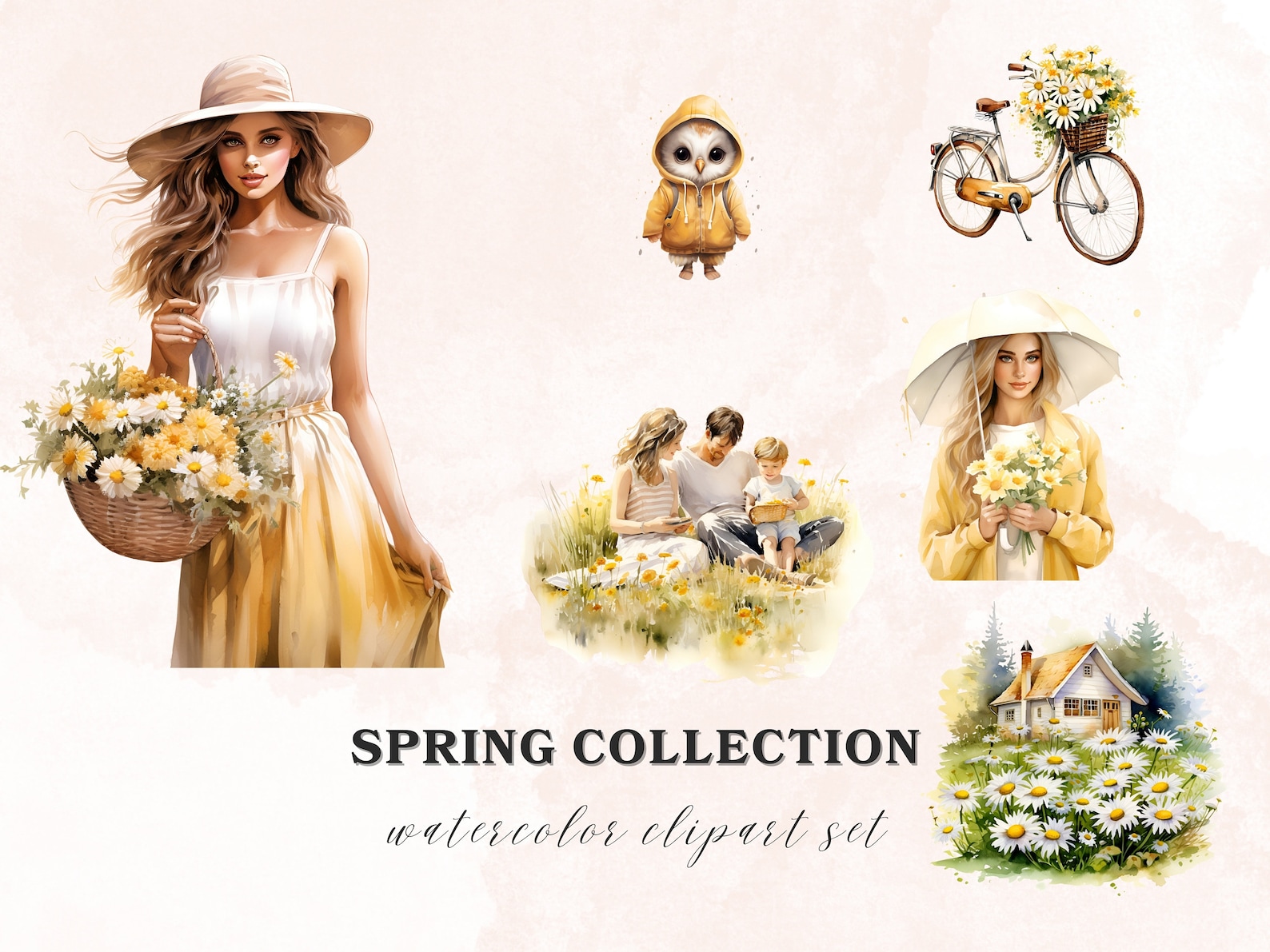 Watercolor Spring Clipart, Daisy Spring Clipart Bundle, Daisy Png ...