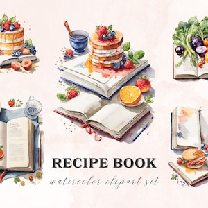 Watercolor Clipart Recipe Book, Cookbook PNG Clipart Collection ...