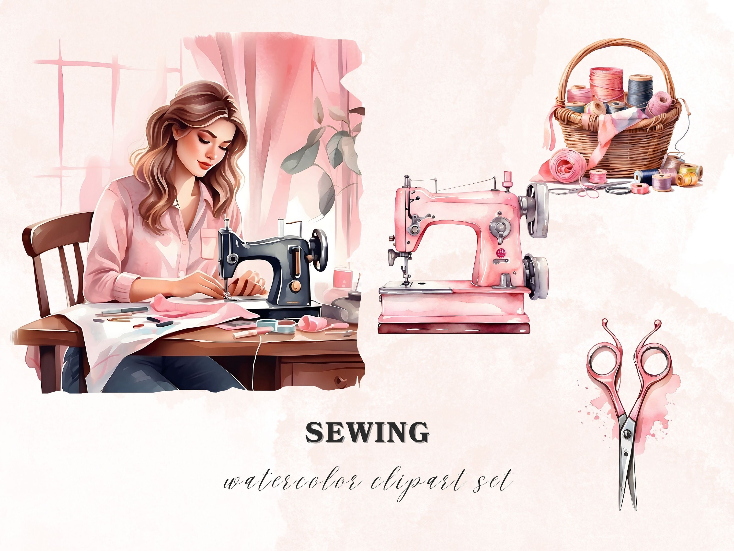 Watercolor Sewing Clipart Bundle, Sewing Supplies Png, Sewing Machine ...