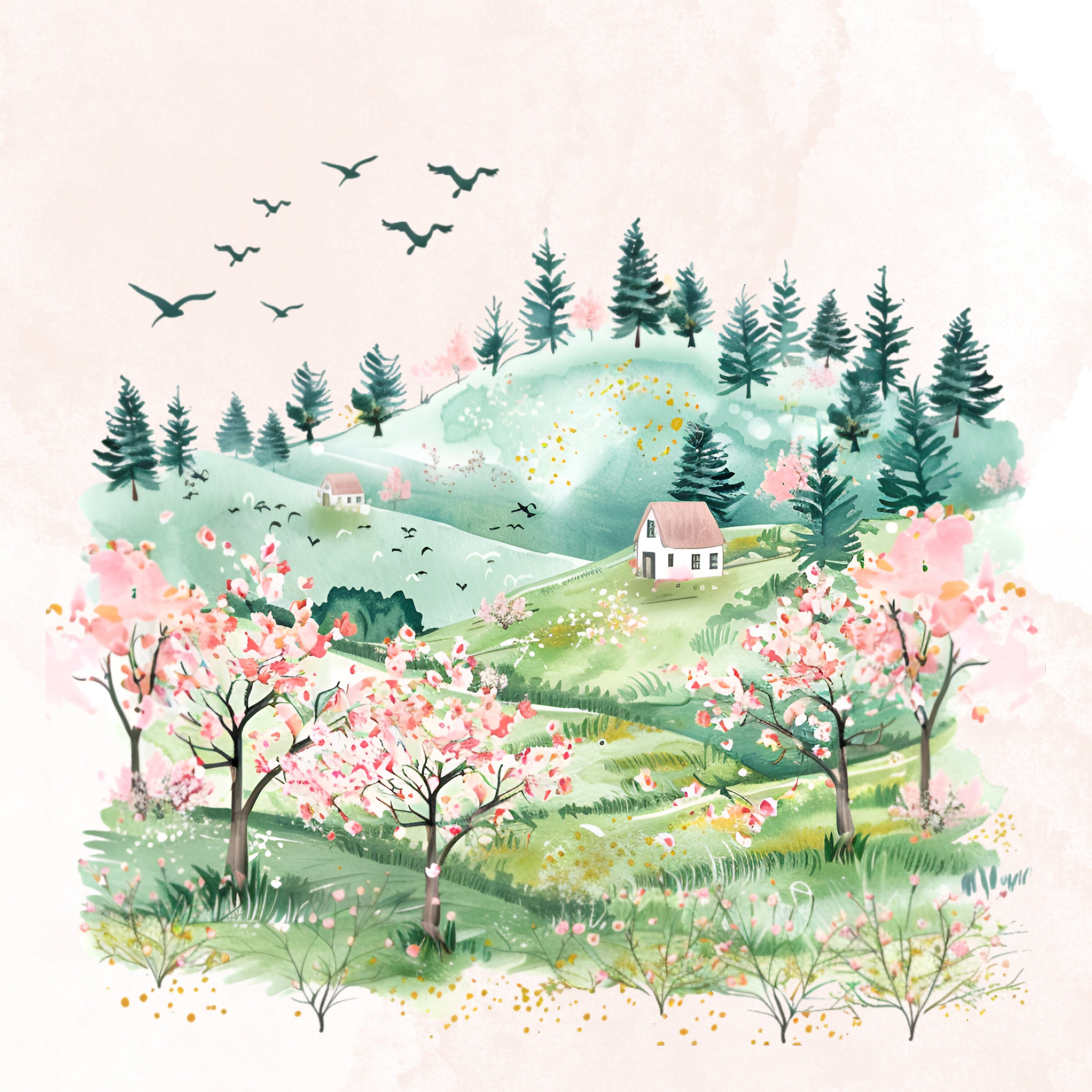 Watercolor Spring Landscape Clipart, Spring Clipart, Forest Clipart ...