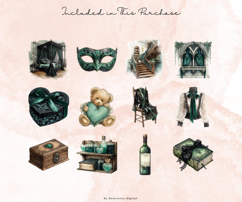 Emerald Gothic Romance Watercolor Clipart Set, Dark Gothic Valentines ...