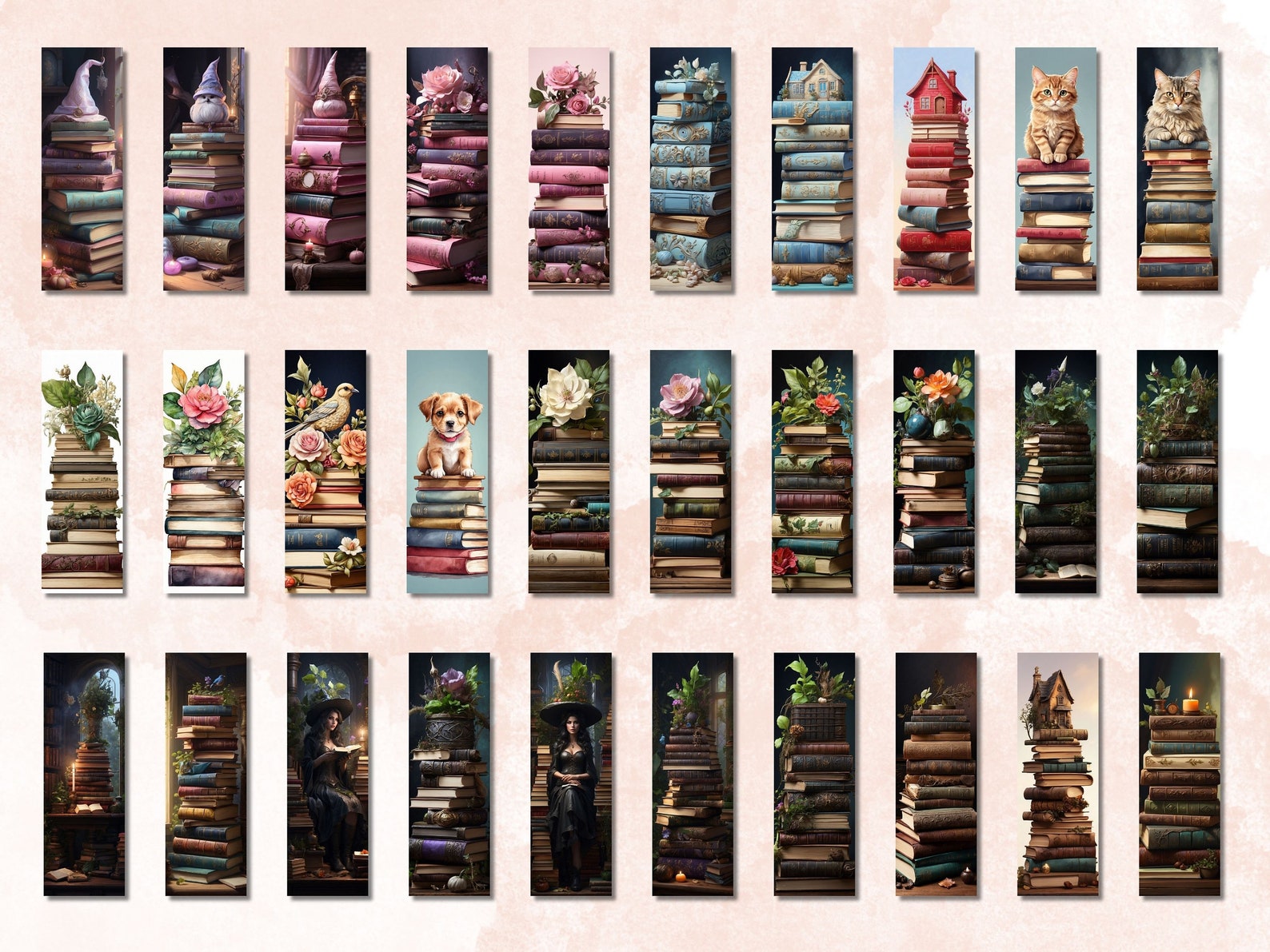 Stacked Books Bookmarks Printable Set, Watercolor Bookmarks, Book Lover ...