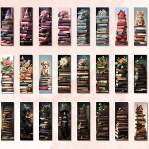 Stacked Books Bookmarks Printable Set, Watercolor Bookmarks, Book Lover ...