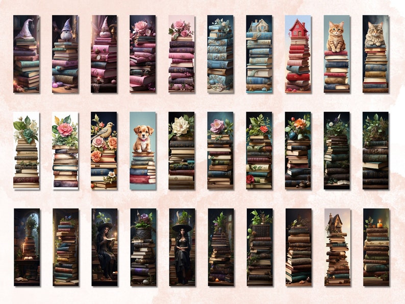Stacked Books Bookmarks Printable Set, Watercolor Bookmarks, Book Lover ...