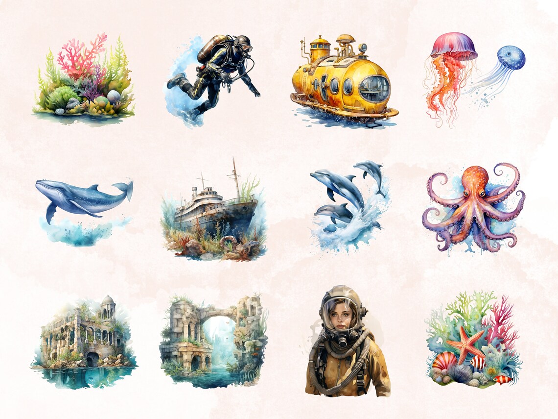 Watercolor Summer Clipart, Undersea Clipart, Travel Clipart, Magical ...