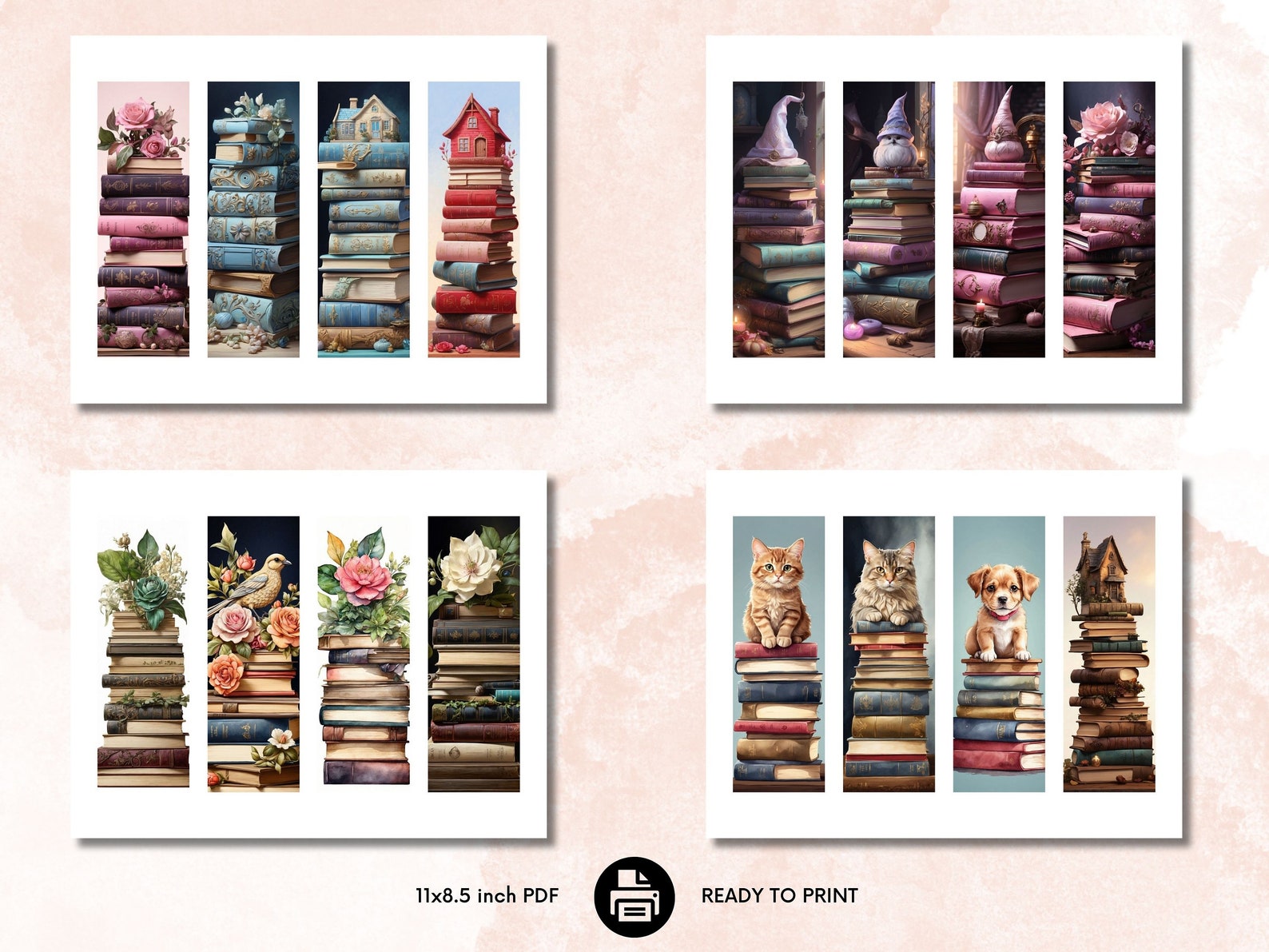 Stacked Books Bookmarks Printable Set, Watercolor Bookmarks, Book Lover ...
