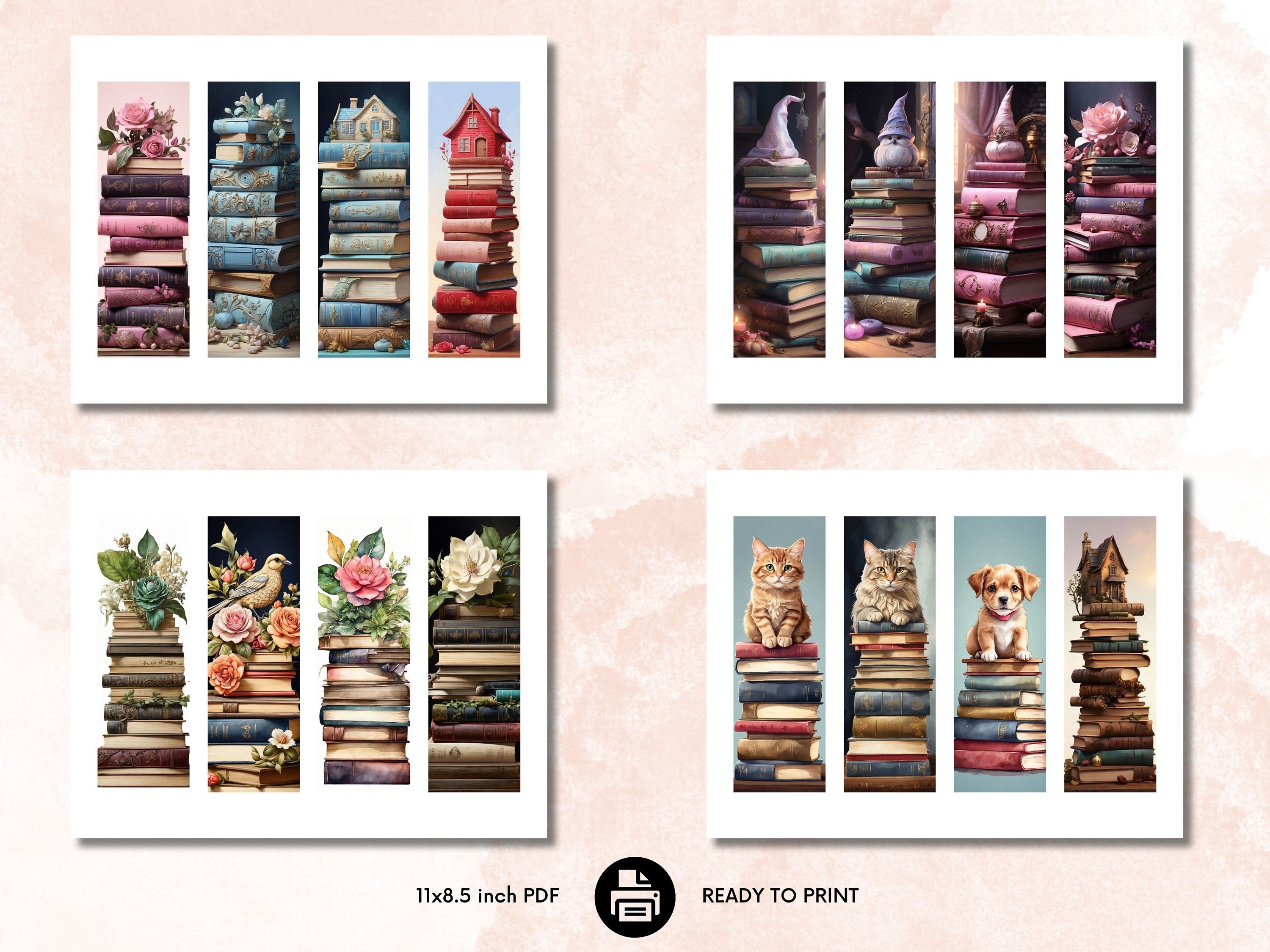 Stacked Books Bookmarks Printable Set, Watercolor Bookmarks, Book Lover ...