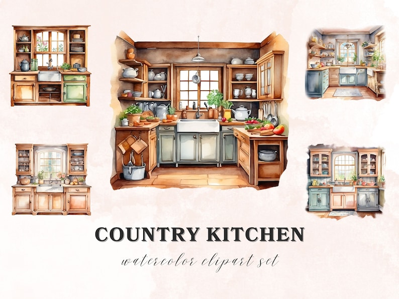 Watercolor Clipart Country Kitchen, 16 PNG Rustic Vintage Farmhouse ...