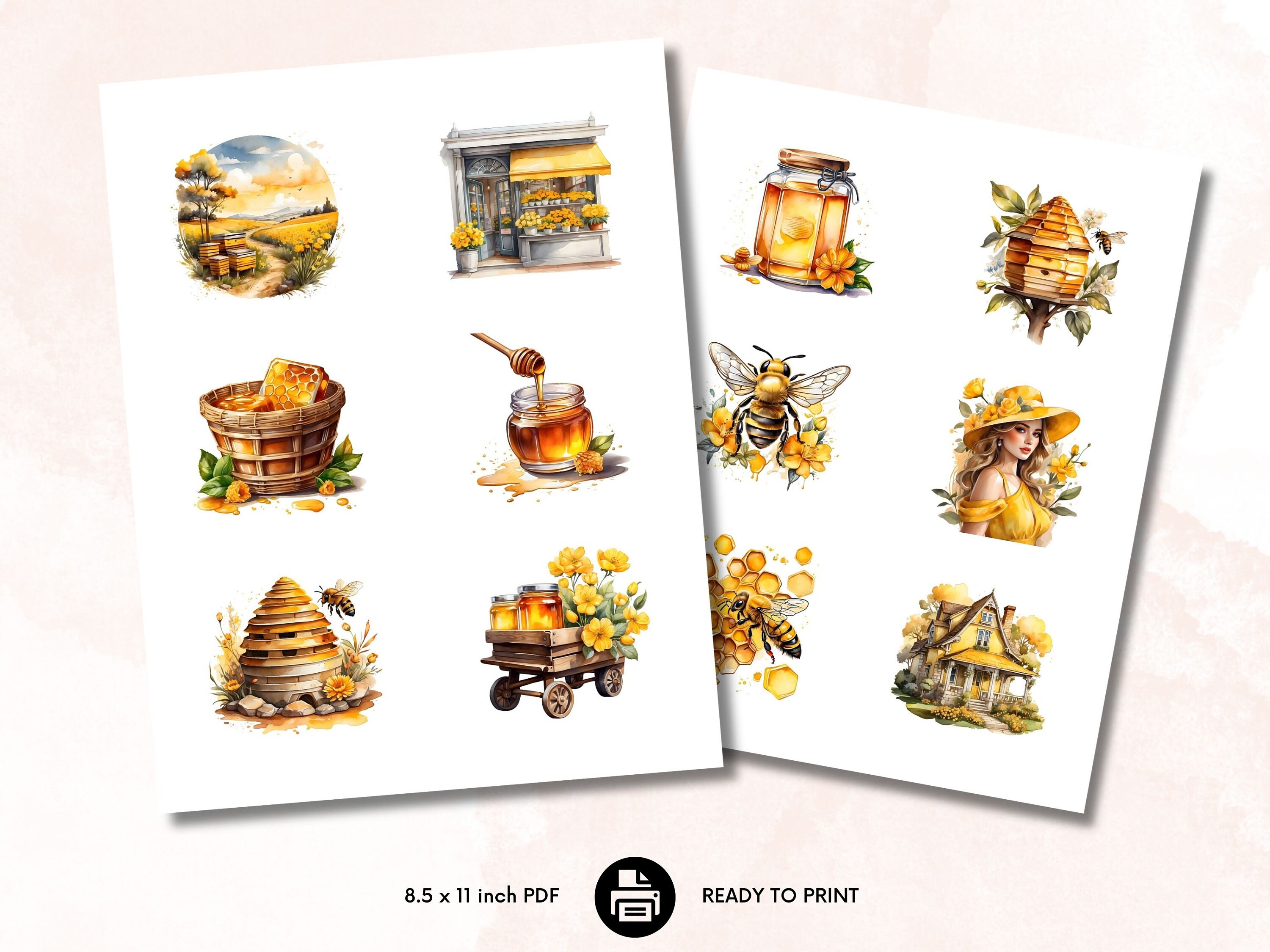 Watercolor Honey Bee Clipart Bundle, 12 Honey Lover Png Clipart, Honey ...