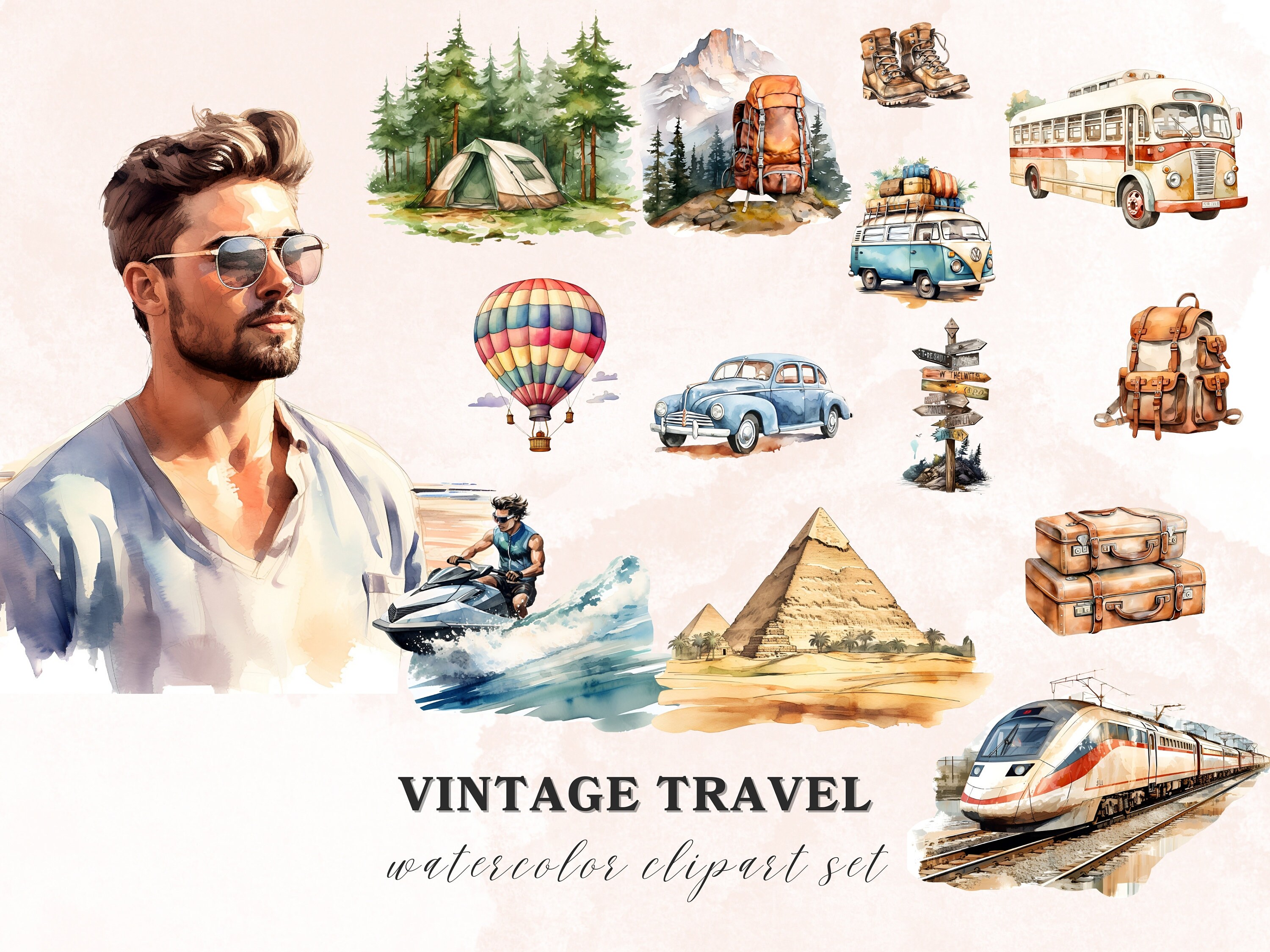 Watercolor Vintage Travel Clipart, Summer Vacation Holiday Graphics ...