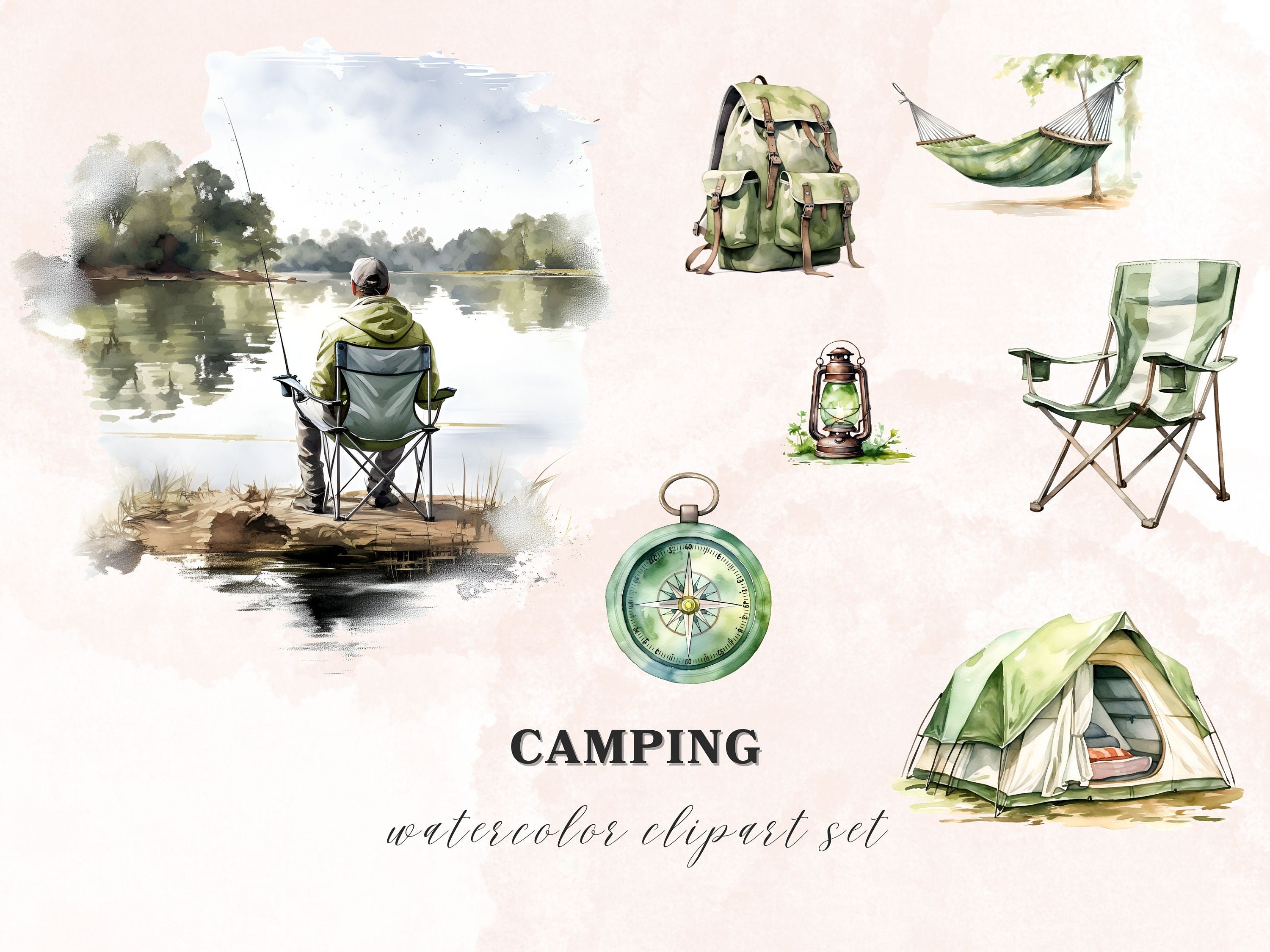 Watercolor Camping Clipart Bundle, Campfire Png Camping, Tent, Lantern ...