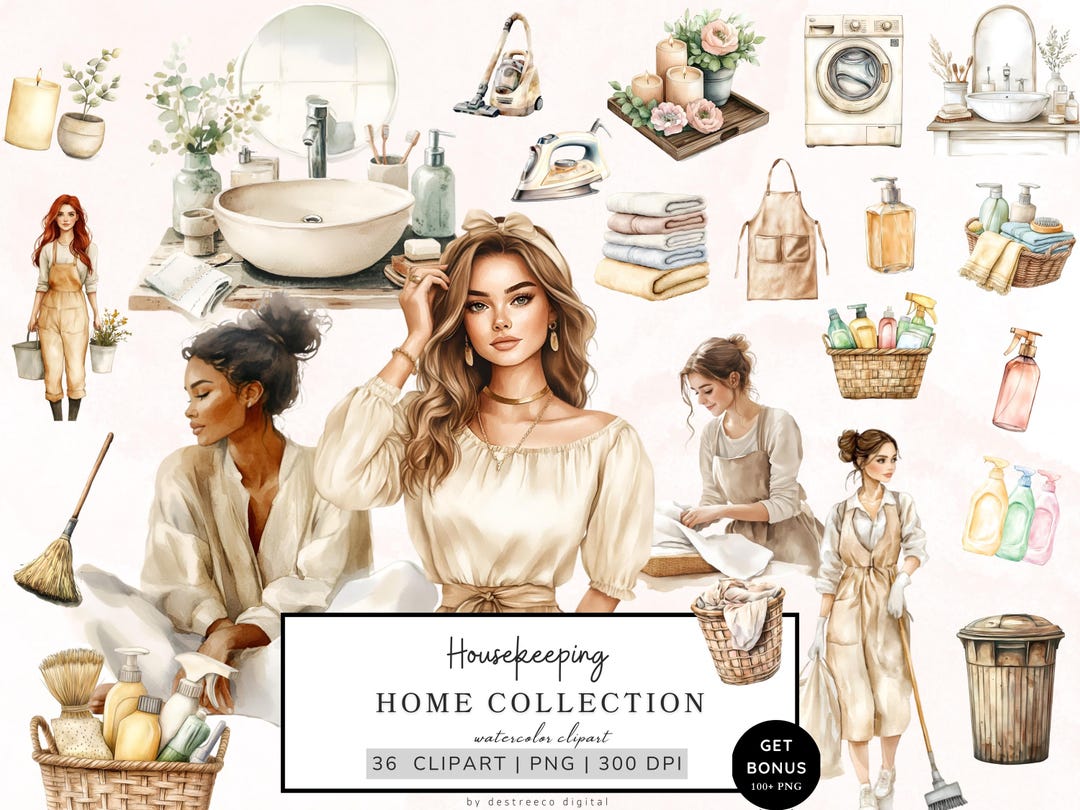 Watercolor Housekeeping Clipart, Cleaning Clipart, Cleaning Supplies ...