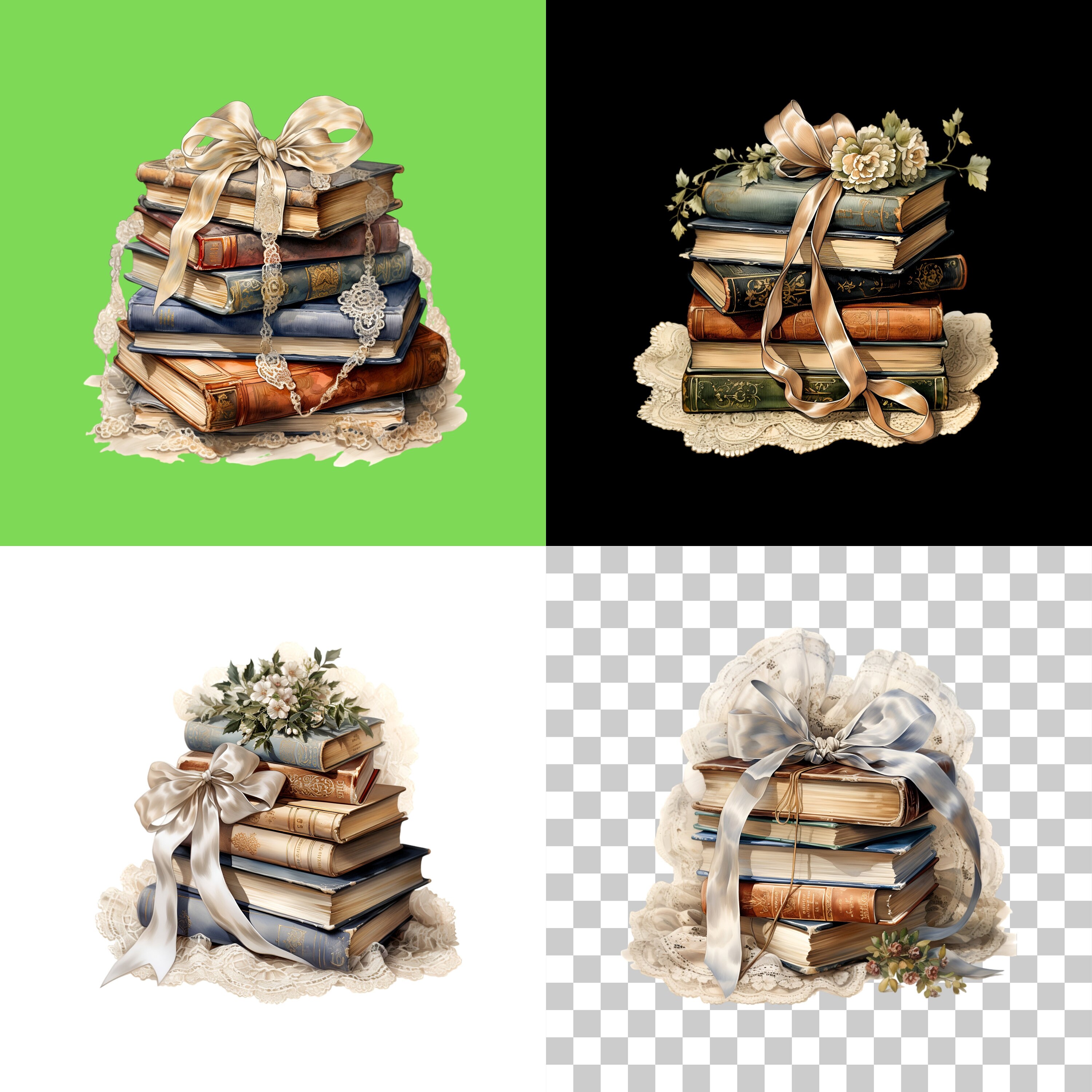 Stacked Books Clipart With Lace, Vintage Books Clipart, Bookworm ...