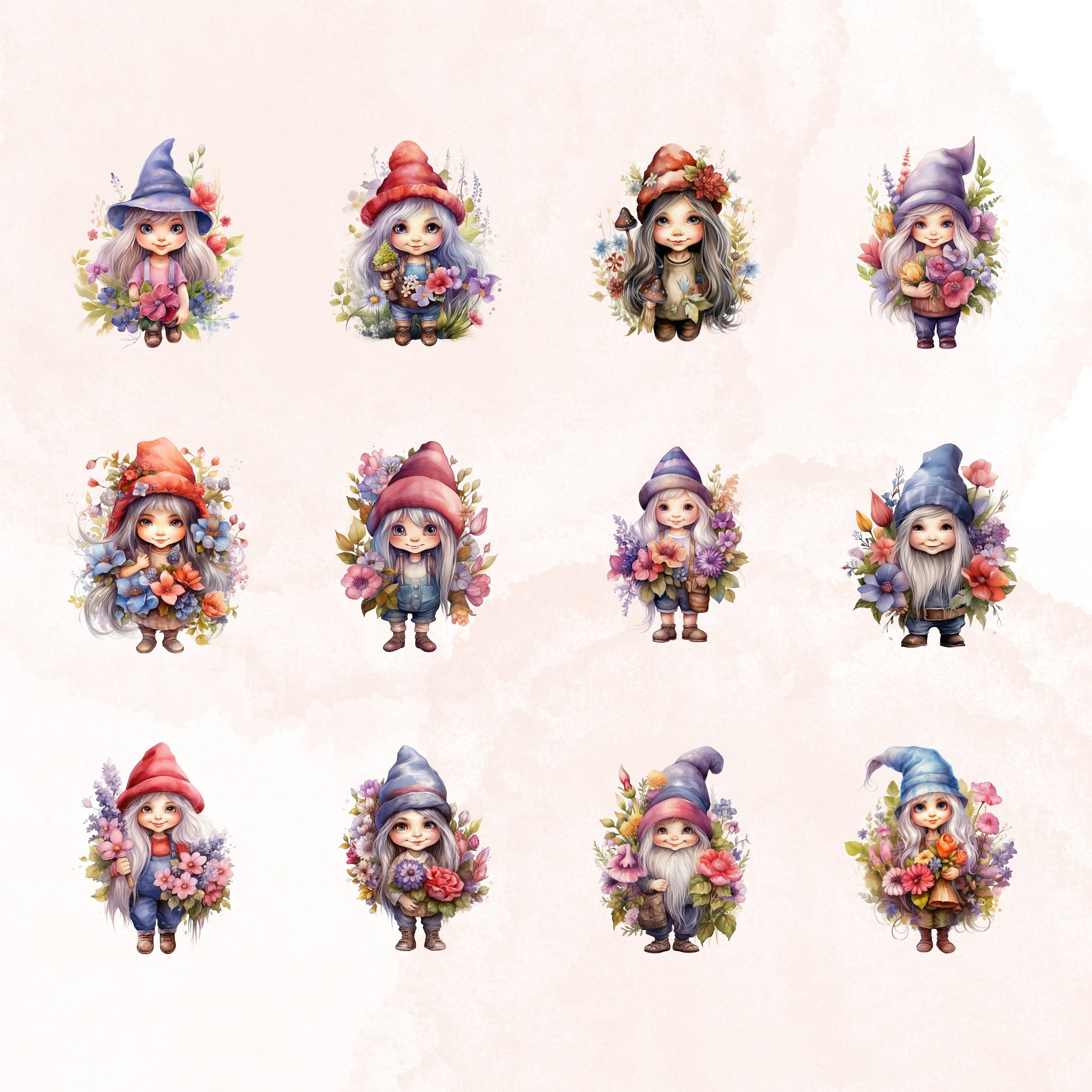 Gnome Clipart, Cute Girl Gnome Bundle, Watercolor Gnome Png, Spring ...