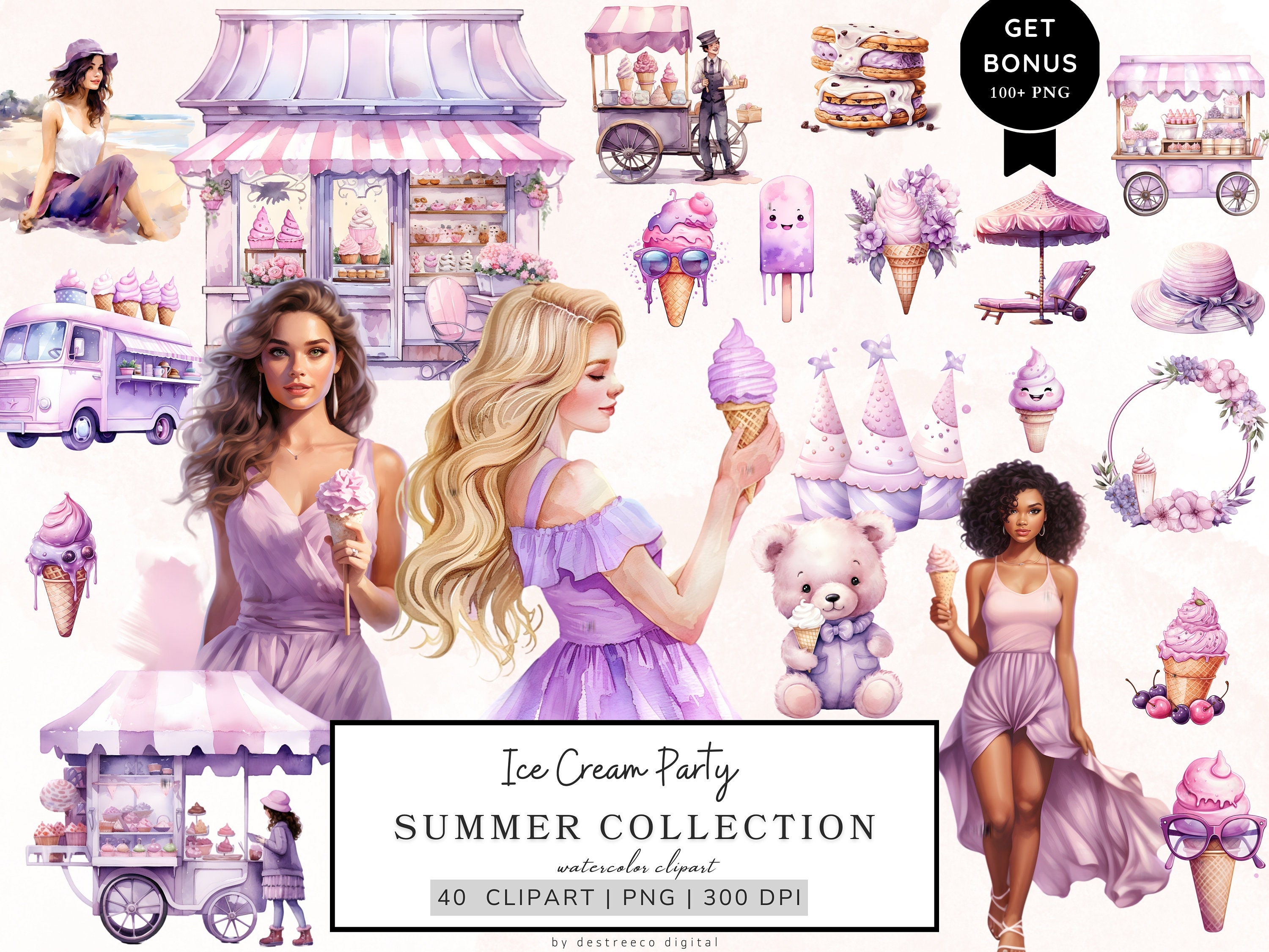 Watercolor Summer Clipart, Ice Cream Clipart, Party Clipart, Pink, Ice ...