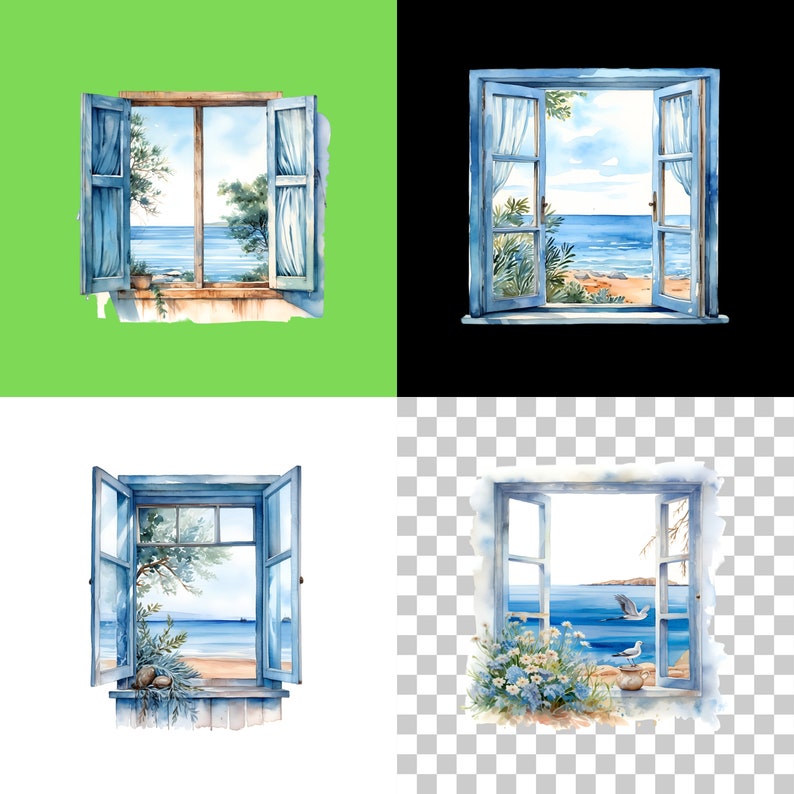 Watercolor Window Ocean View Clipart, Ocean Clipart, Window to Sea ...