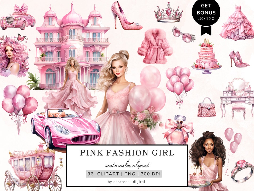 Watercolor Pink Fashion Girl Clipart, Pink Girl Doll Clipart, Princess ...