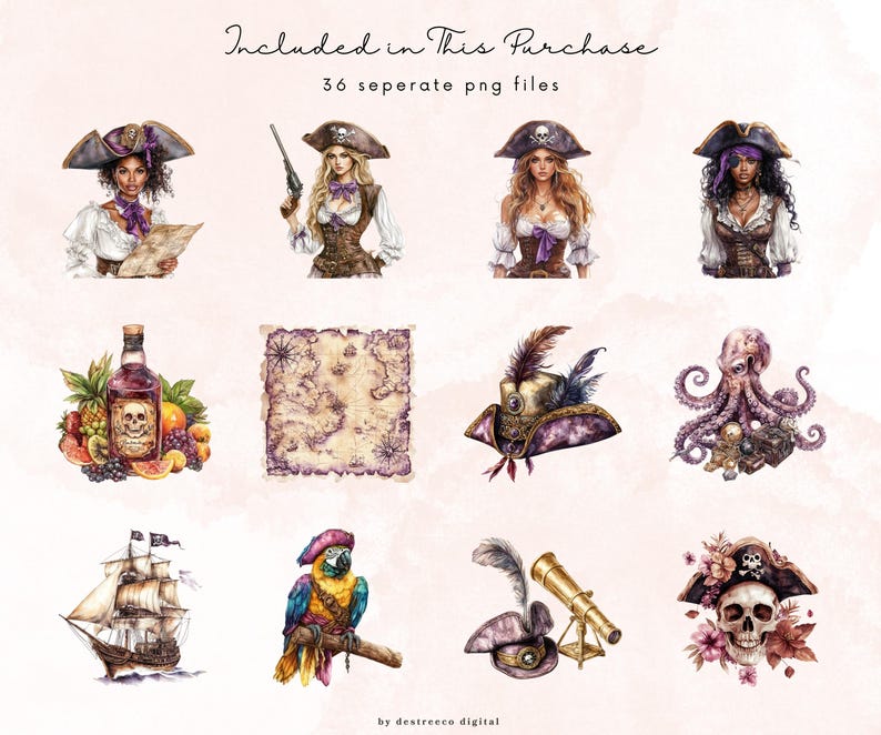 Watercolor Pirate Adventure Clipart, Vintage Pirates Png Bundle, Cozy ...