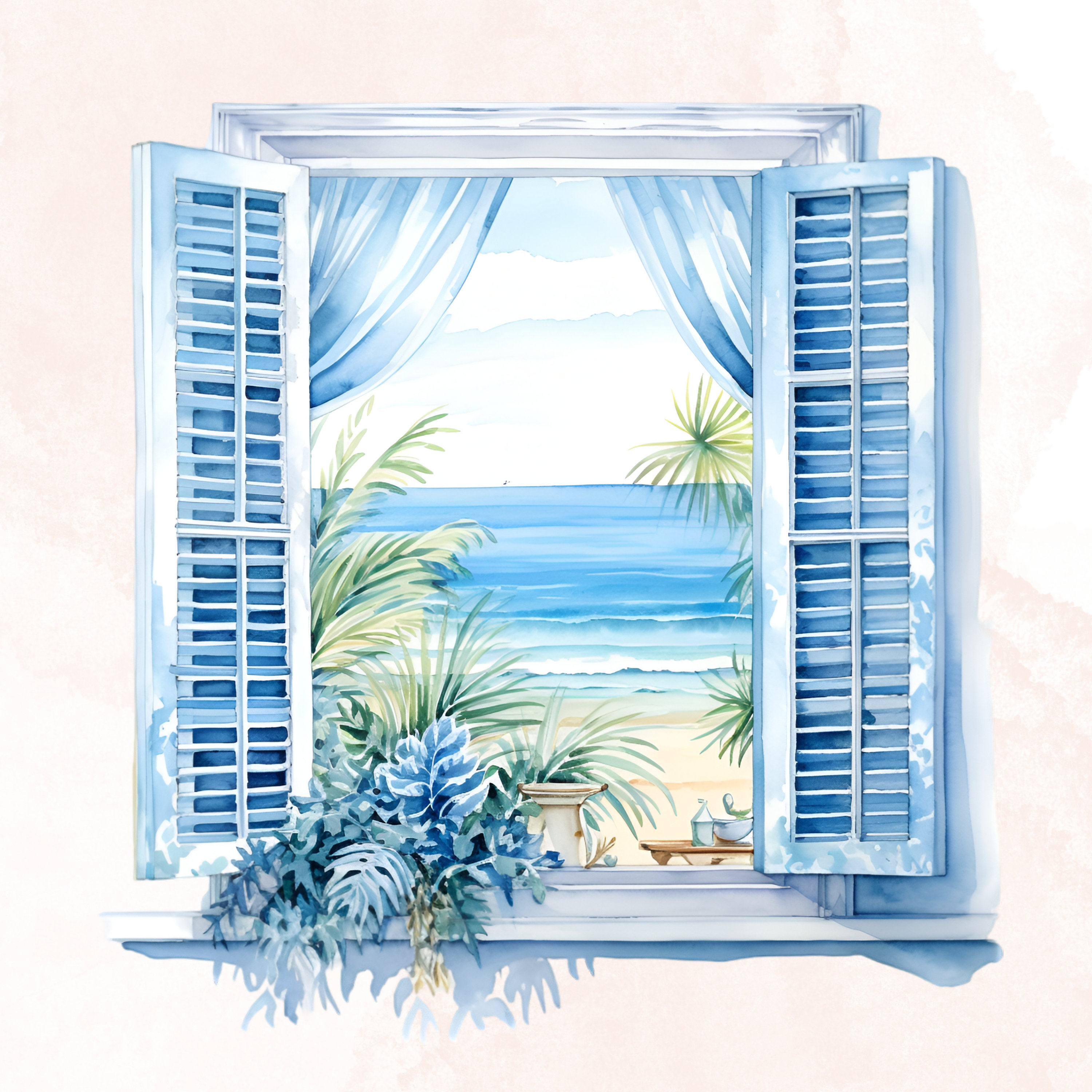 Watercolor Window Ocean View Clipart, Ocean Clipart, Window to Sea ...
