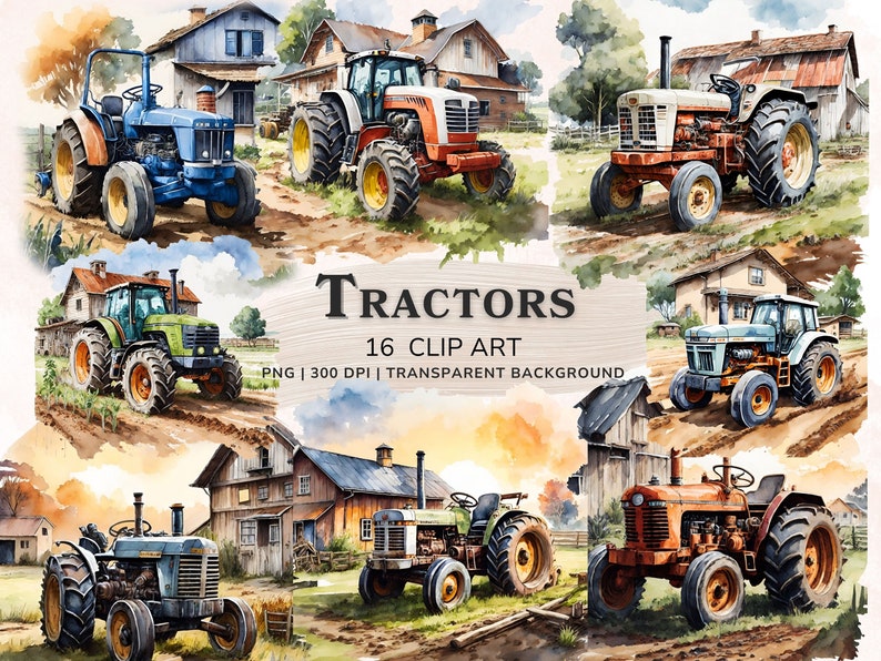 Tractor Clipart, Farm Tractor Watercolor Clipart Bundle, 16 PNG Farm ...