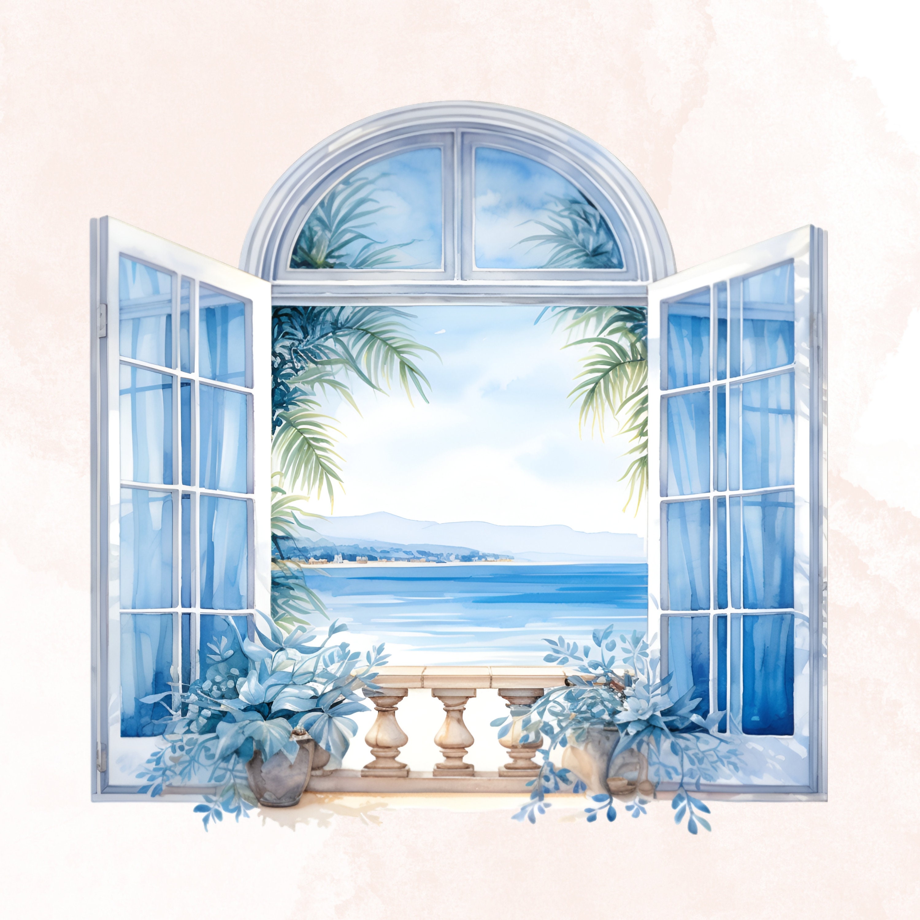 Watercolor Window Ocean View Clipart, Ocean Clipart, Window to Sea ...