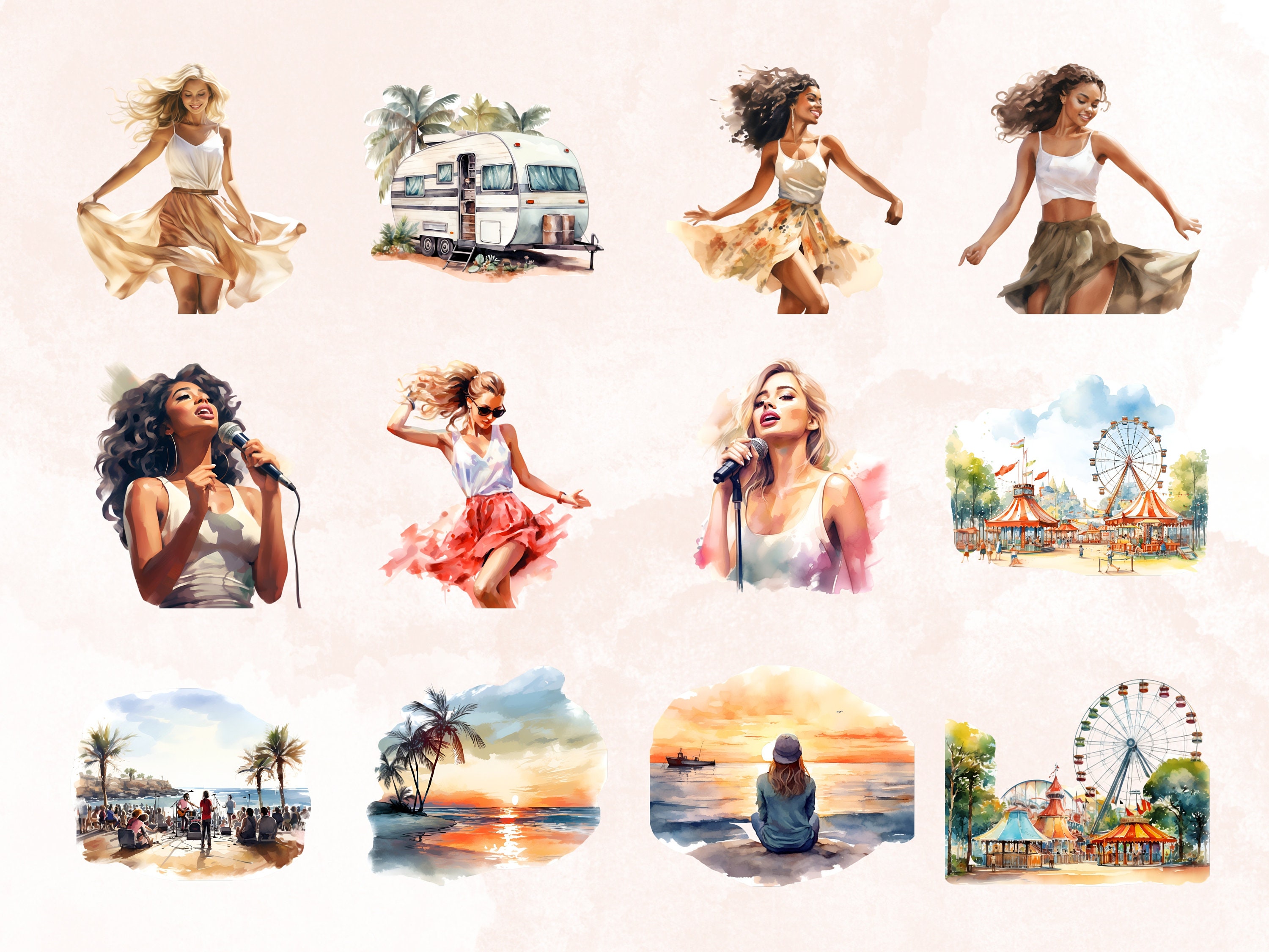 Watercolor Summer Clipart, Festival Clipart, Travel Clipart, Beach ...